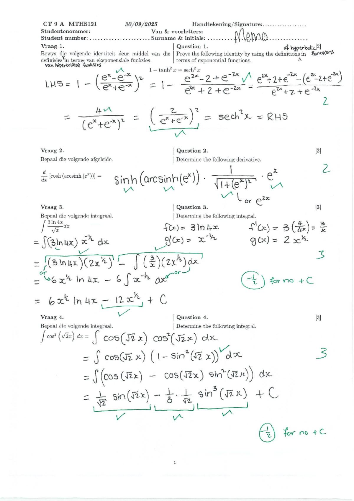 MTHS121 Test 9 Memo: Hyperbolic Functions & Integrals - Studocu