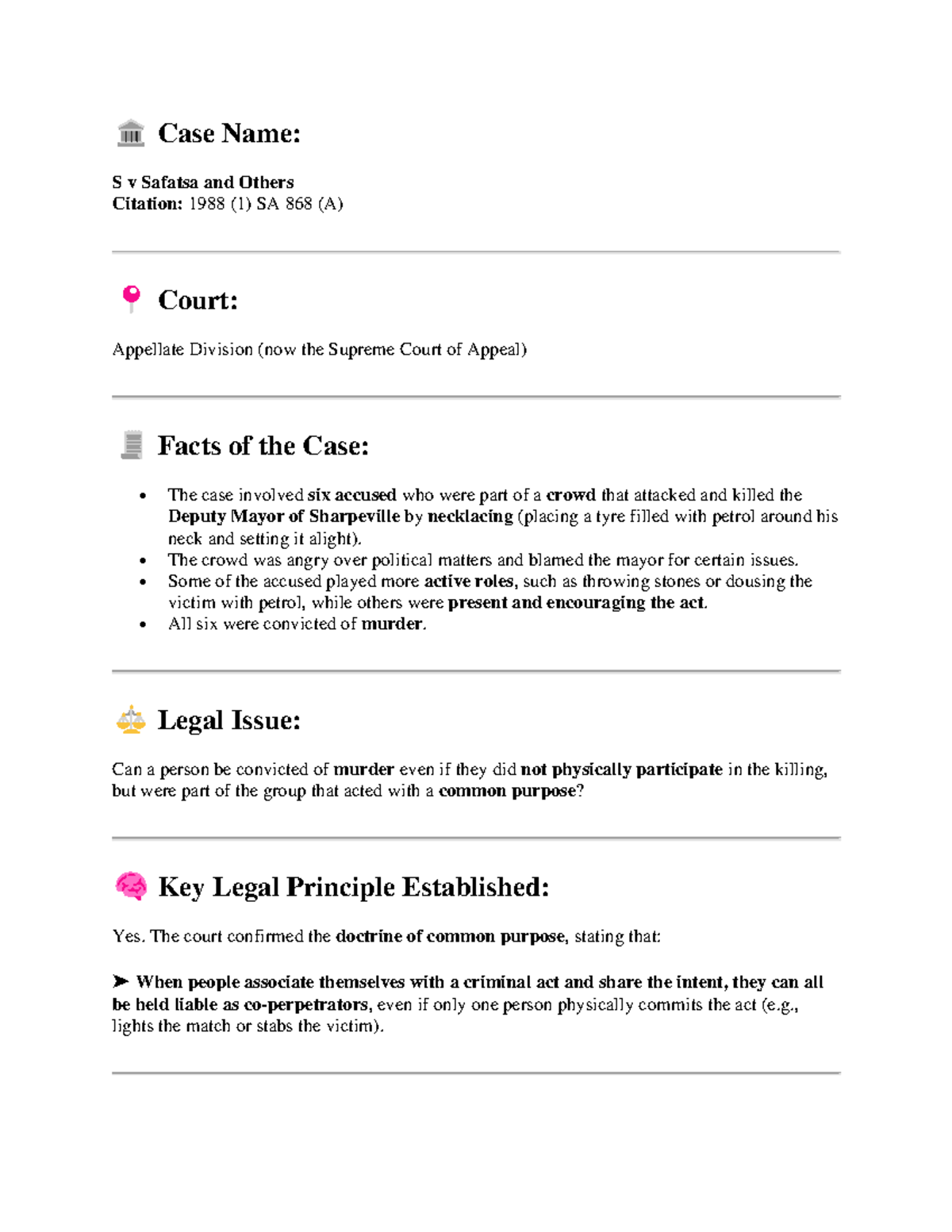 S v Safatsa Case Study: Common Purpose in Murder Convictions - Studocu