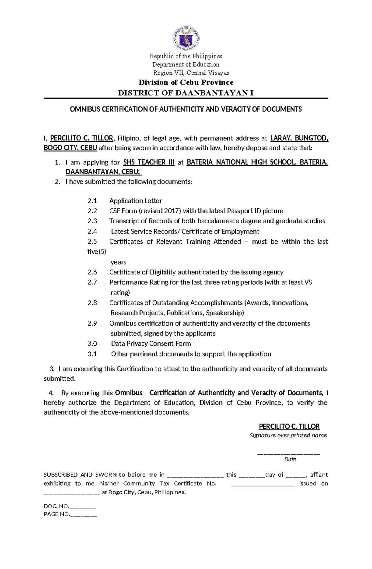 Omnibus Certification of Authenticity for SHS & JHS Teacher ...