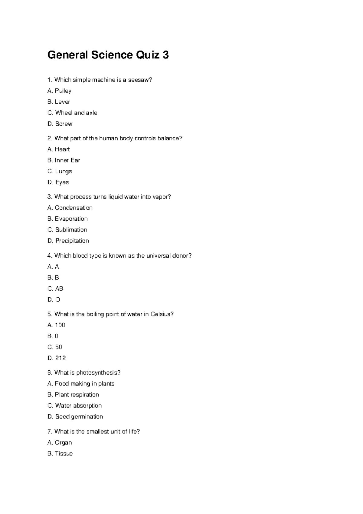 General Science Quiz 3: Cell Membrane Structure & Transport Processes ...