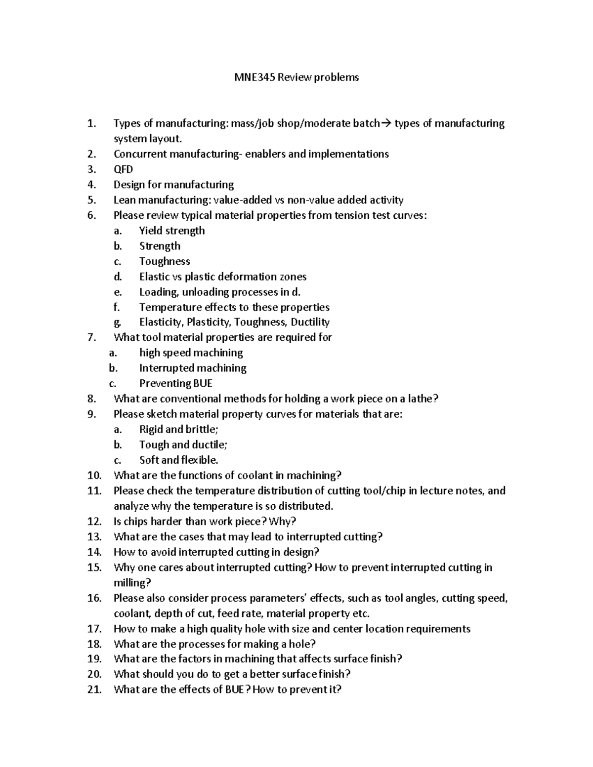 MNE345 Manufacturing Processes: Review Problems & Key Concepts - Studocu