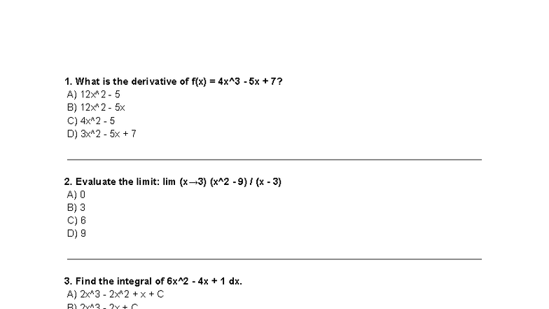 Calculus Final Exam Practice Questions (MATH 101) - Studocu