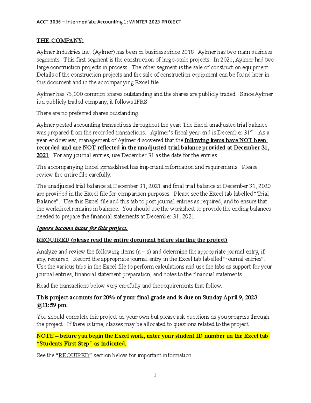 ACCT 3036 Project Analysis of Journal Entries and Transactions W23 ...