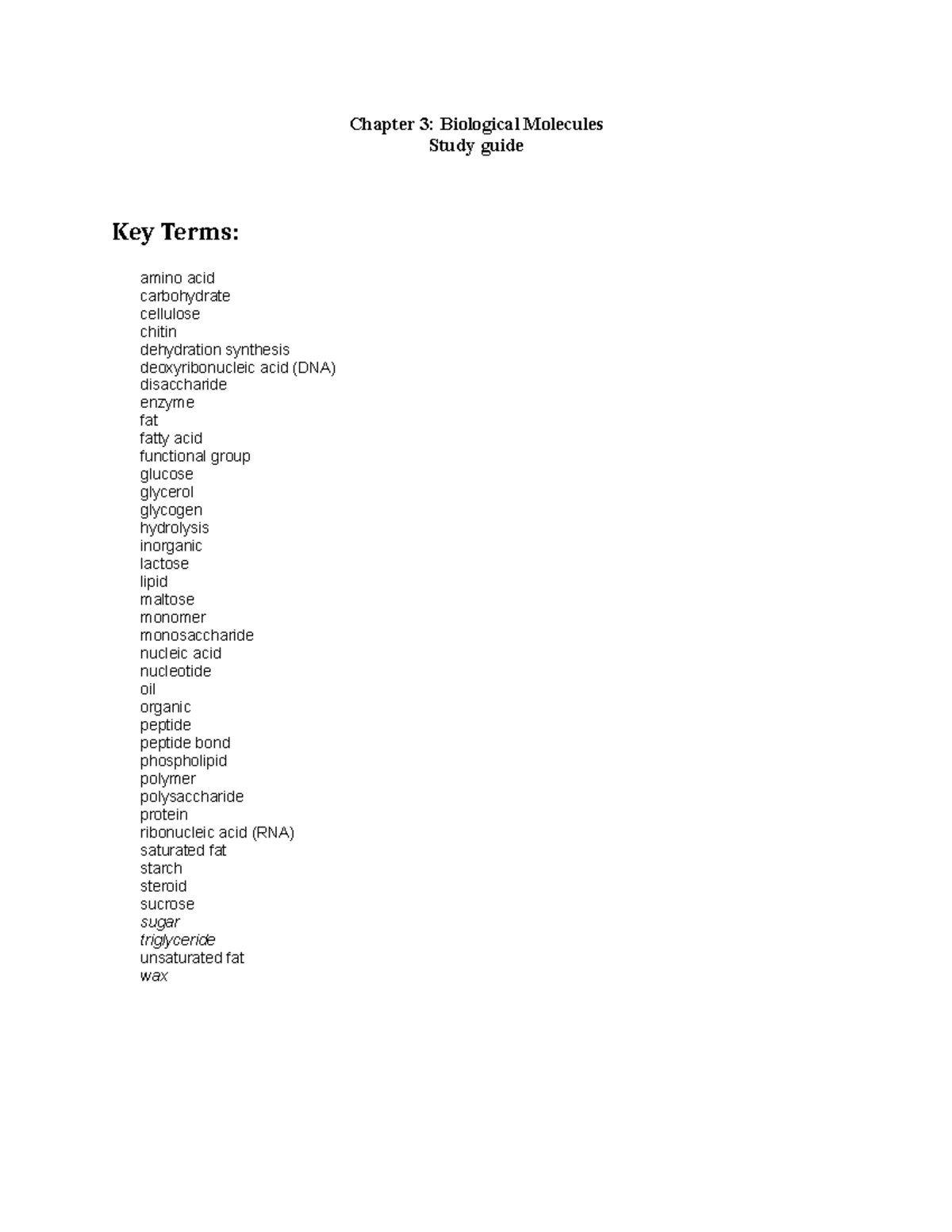 Chapter 3: Biological Molecules Study Guide for BIO 101 - Studocu