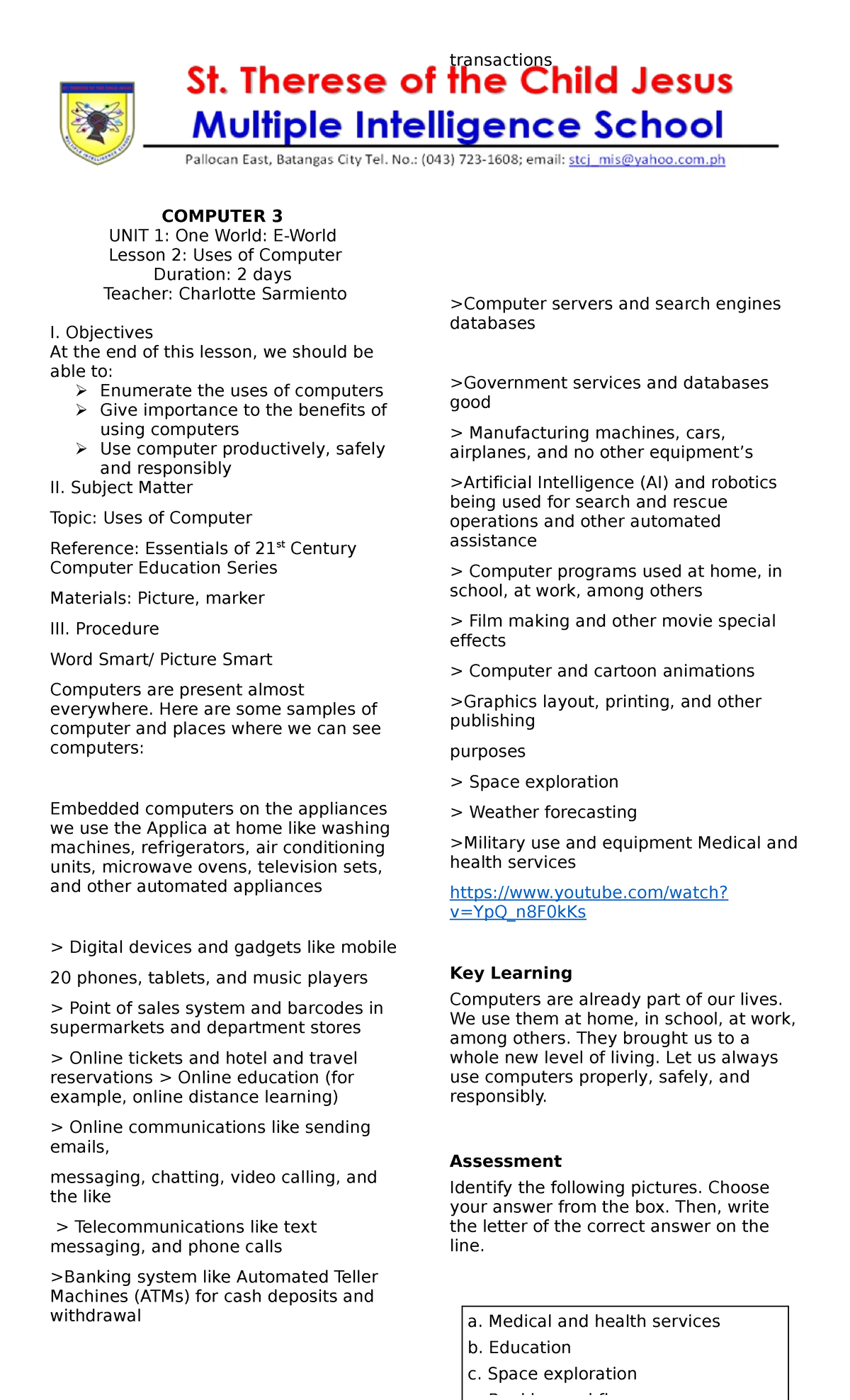 COMPUTER 3 Q1 Lesson Plan: Uses of Computers and Their Benefits - Studocu