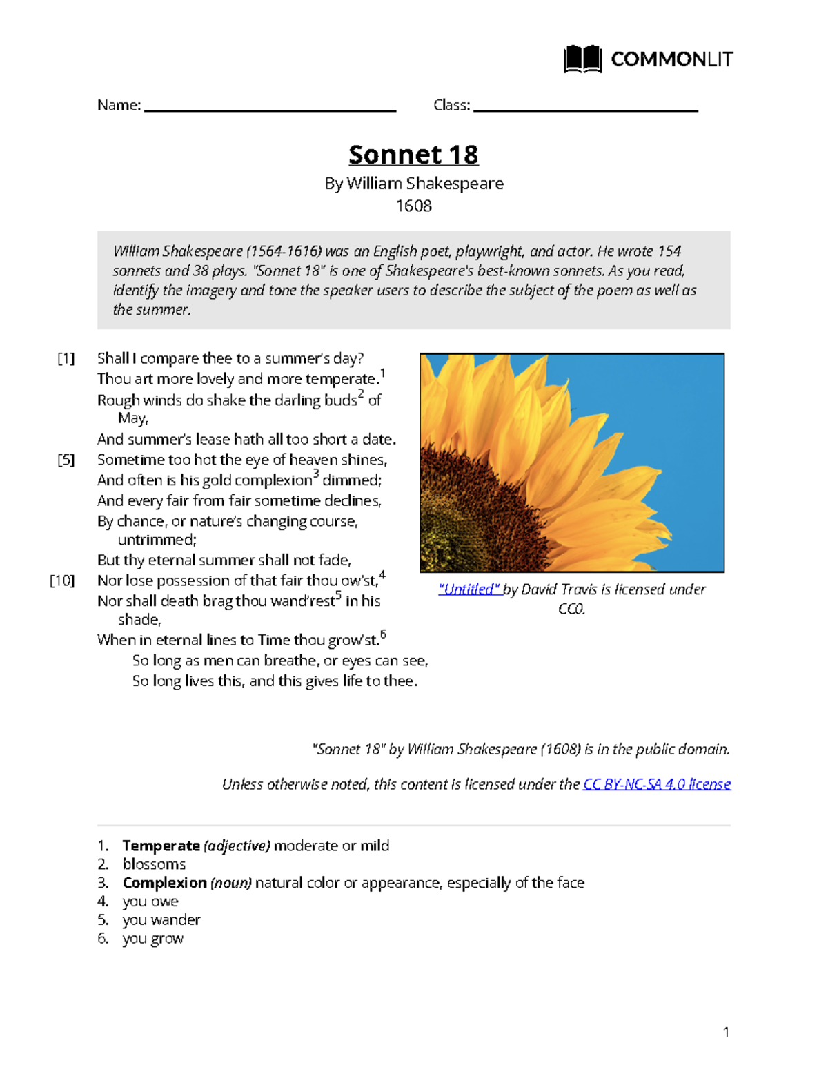 Sonnet 18 Questions - Name: Class: "Untitled" by David Travis is ...