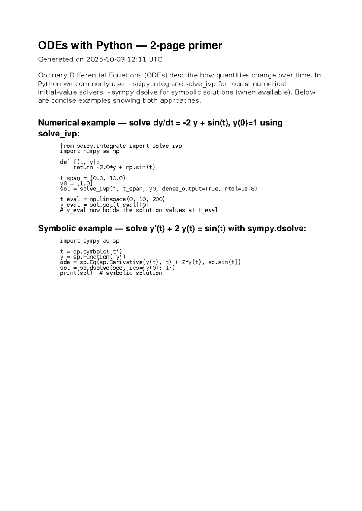 ODEs with Python Basics: Solving Differential Equations - Studocu