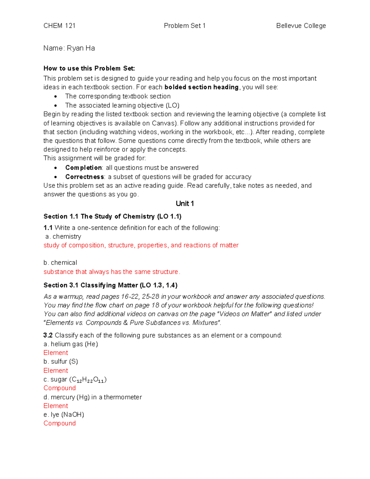 CHEM 121 Problem Set 1 - Bellevue College Study Guide - Studocu