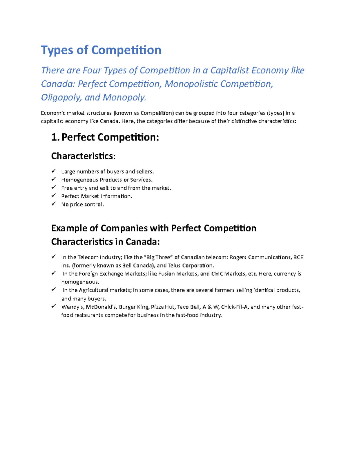 BUSI 601 Assignment Types of Competition - Types of Competition There ...