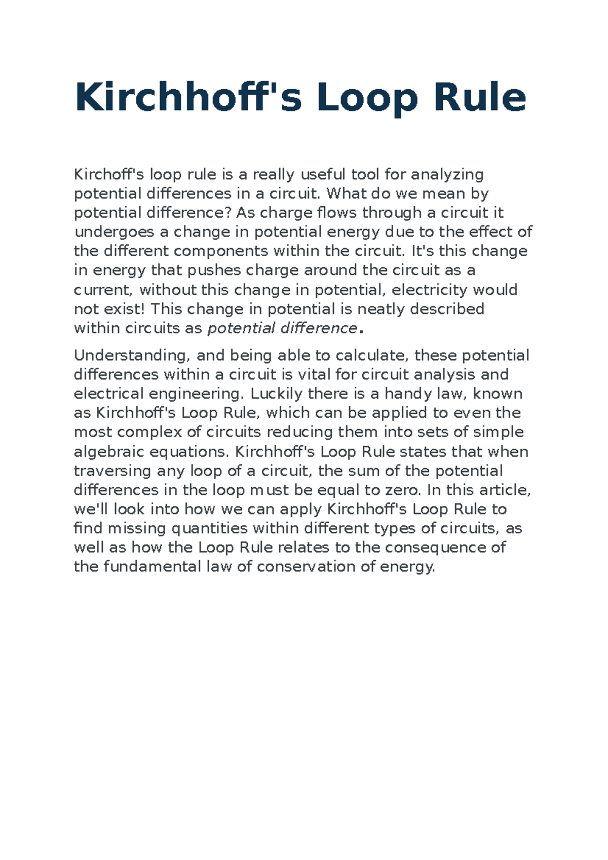 Kirchhoff __law - Kirchhoff's Loop Rule Kirchoff's loop rule is a ...