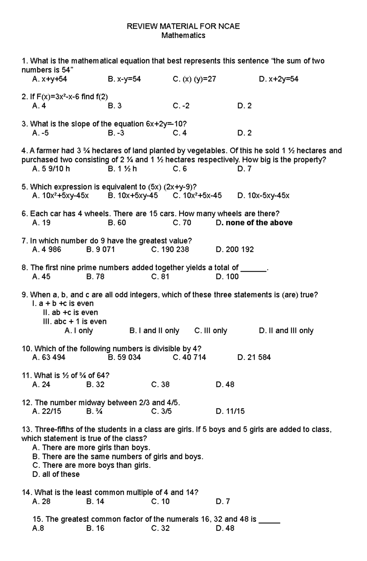 NCAE MATH REVIEW: Key Concepts and Practice Problems - Studocu