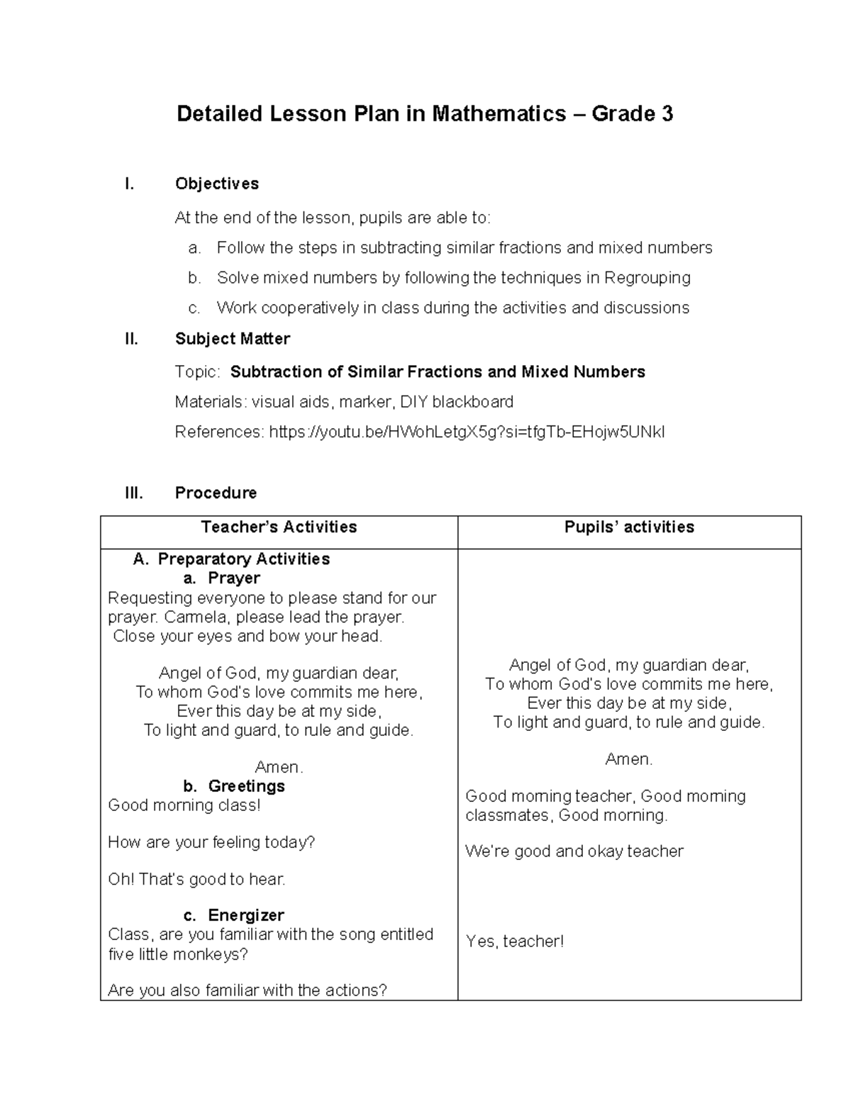 Detailed Lesson Plan: Subtraction of Similar Fractions & Mixed Numbers ...
