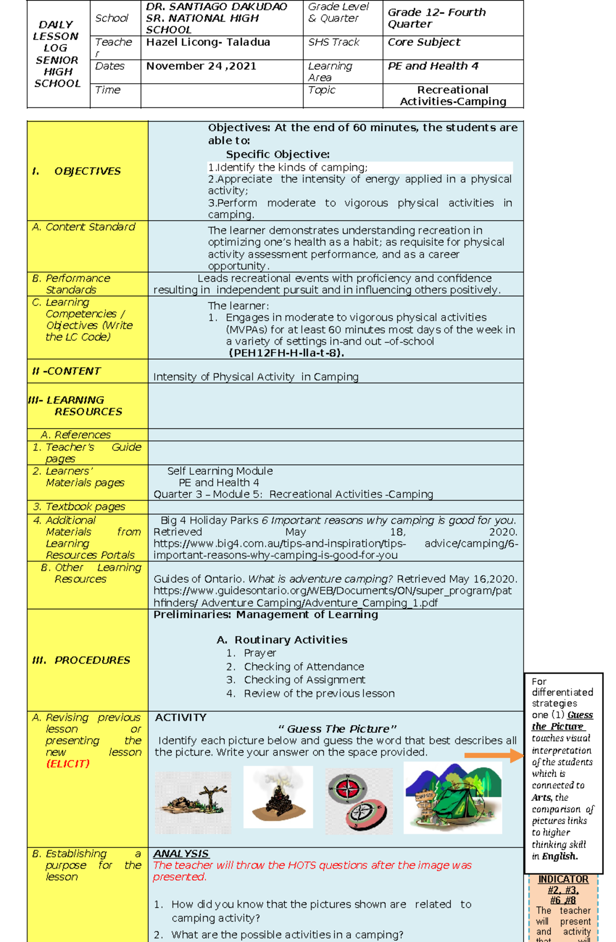 Lesson Plan HOPE 4: Camping Activities for Grade 12 Students - Studocu