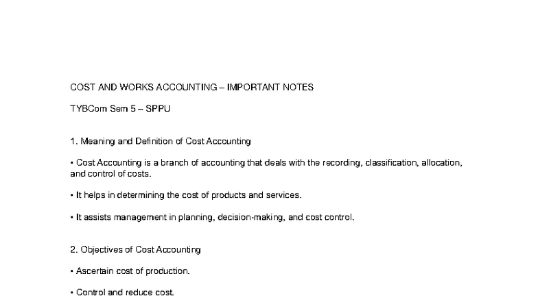 COST AND WORKS ACCOUNTING NOTES TYBCom Sem 5 SPPU - Studocu