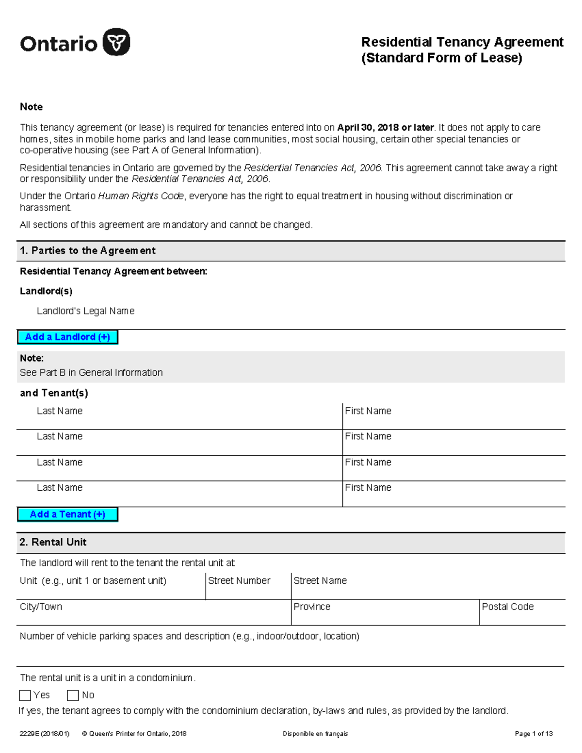 Residential Tenancy Agreement (Standard Form of Lease) - 2229E (2018/01 ...