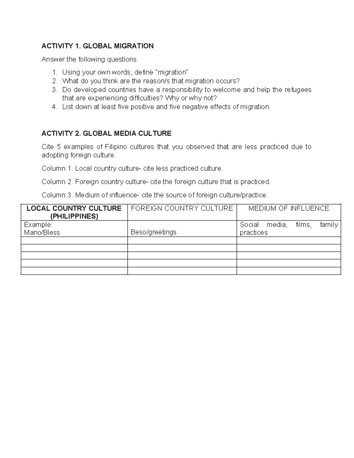 Activity 1 Global Migration - ACTIVITY 1. GLOBAL MIGRATION Answer the ...