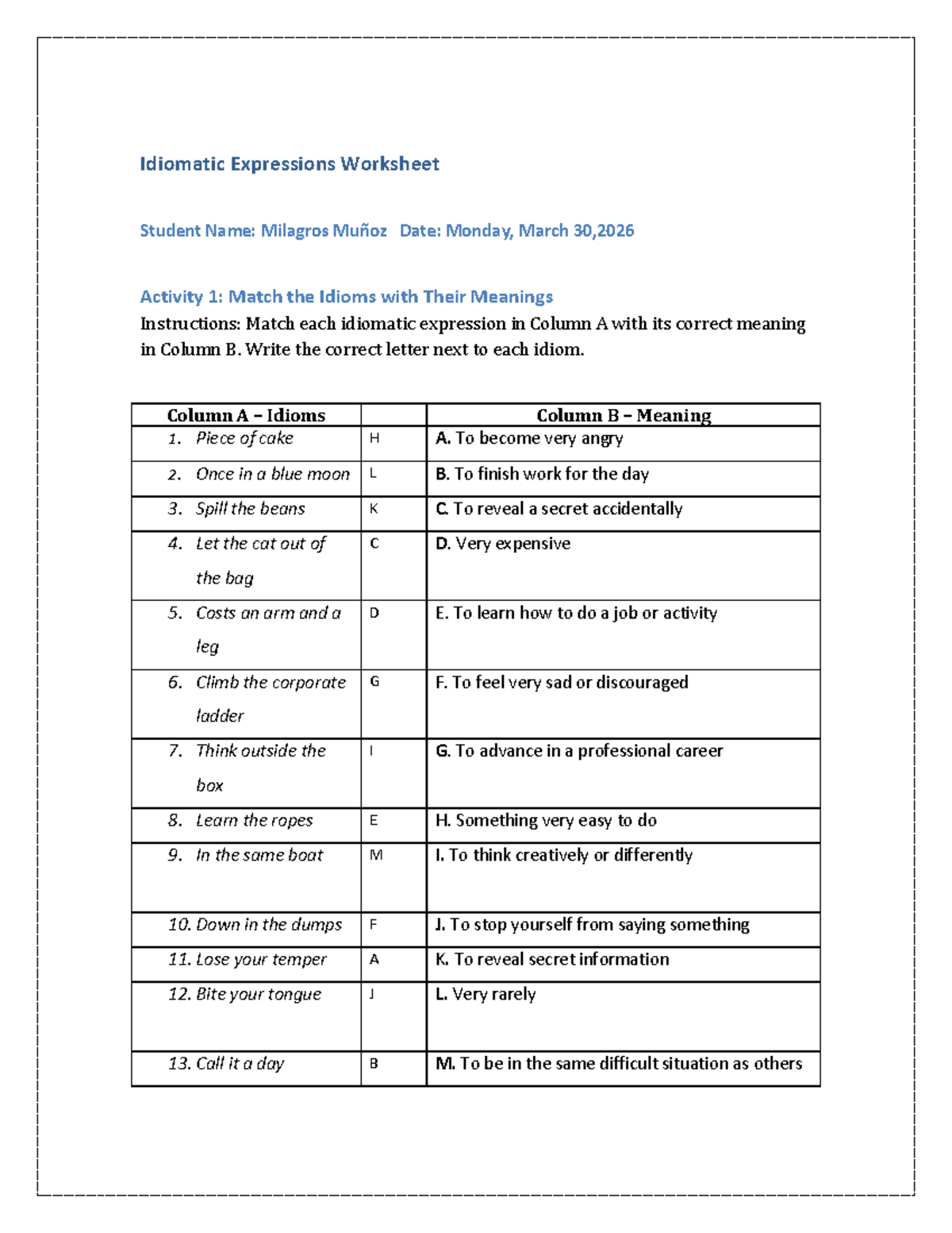 Idioms in Context Worksheet - ESL 101 - Studocu