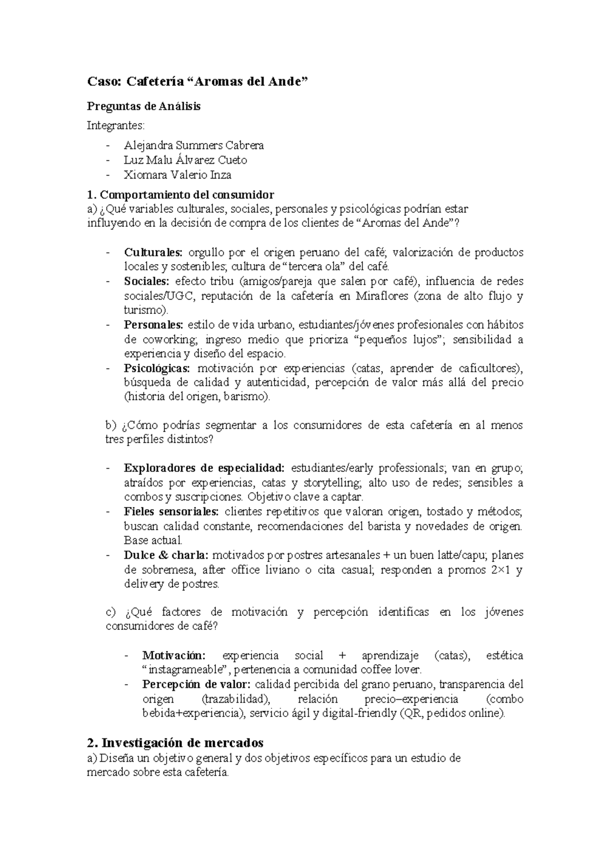 Caso 2: Análisis de Mercado para Cafetería "Aromas del Ande" - Studocu