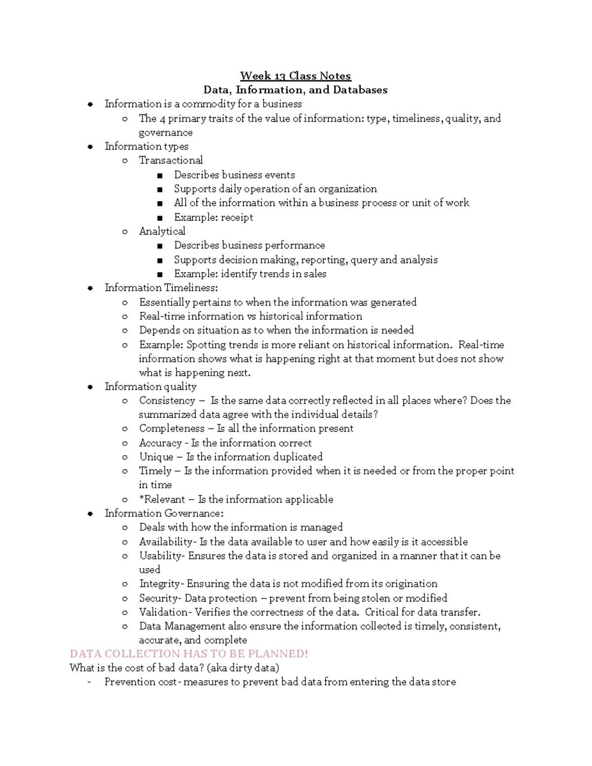 BIS Exam 3 Class Notes - Data, Information, & Databases Overview - Studocu