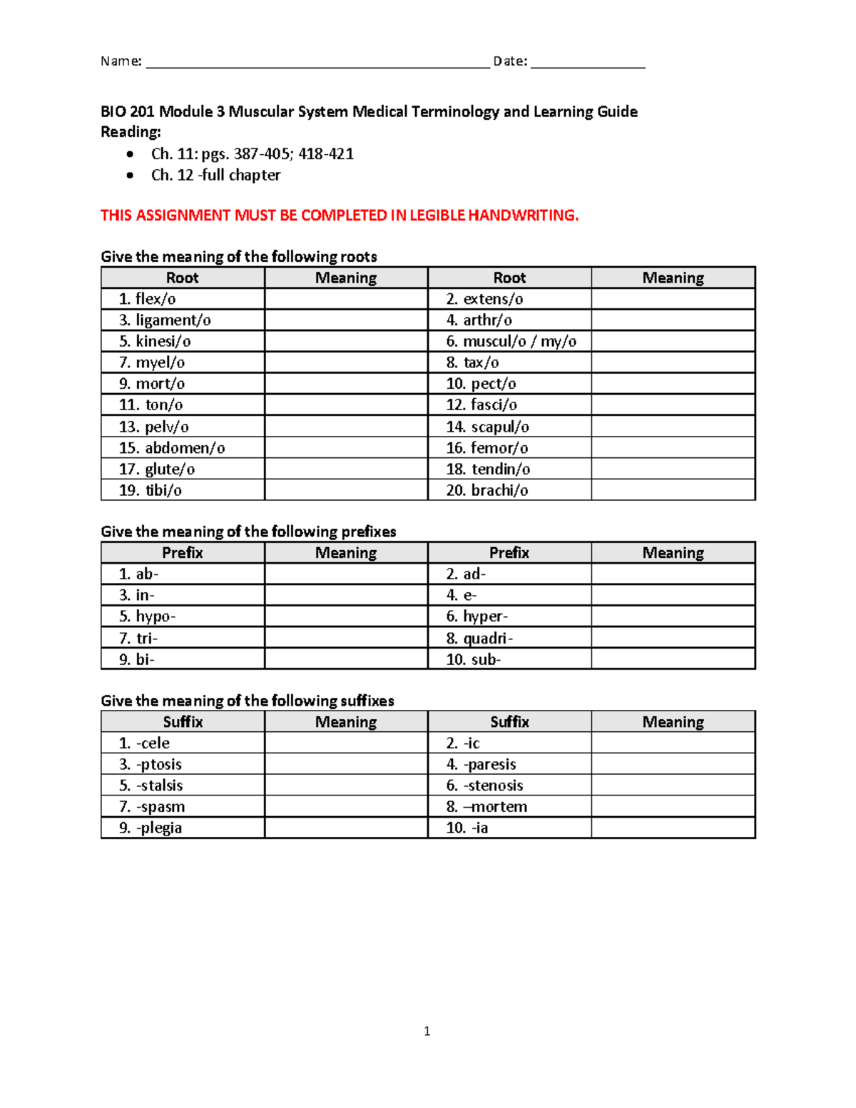 BIO 201 Module 3 Learning Guide: Muscular System Overview and ...