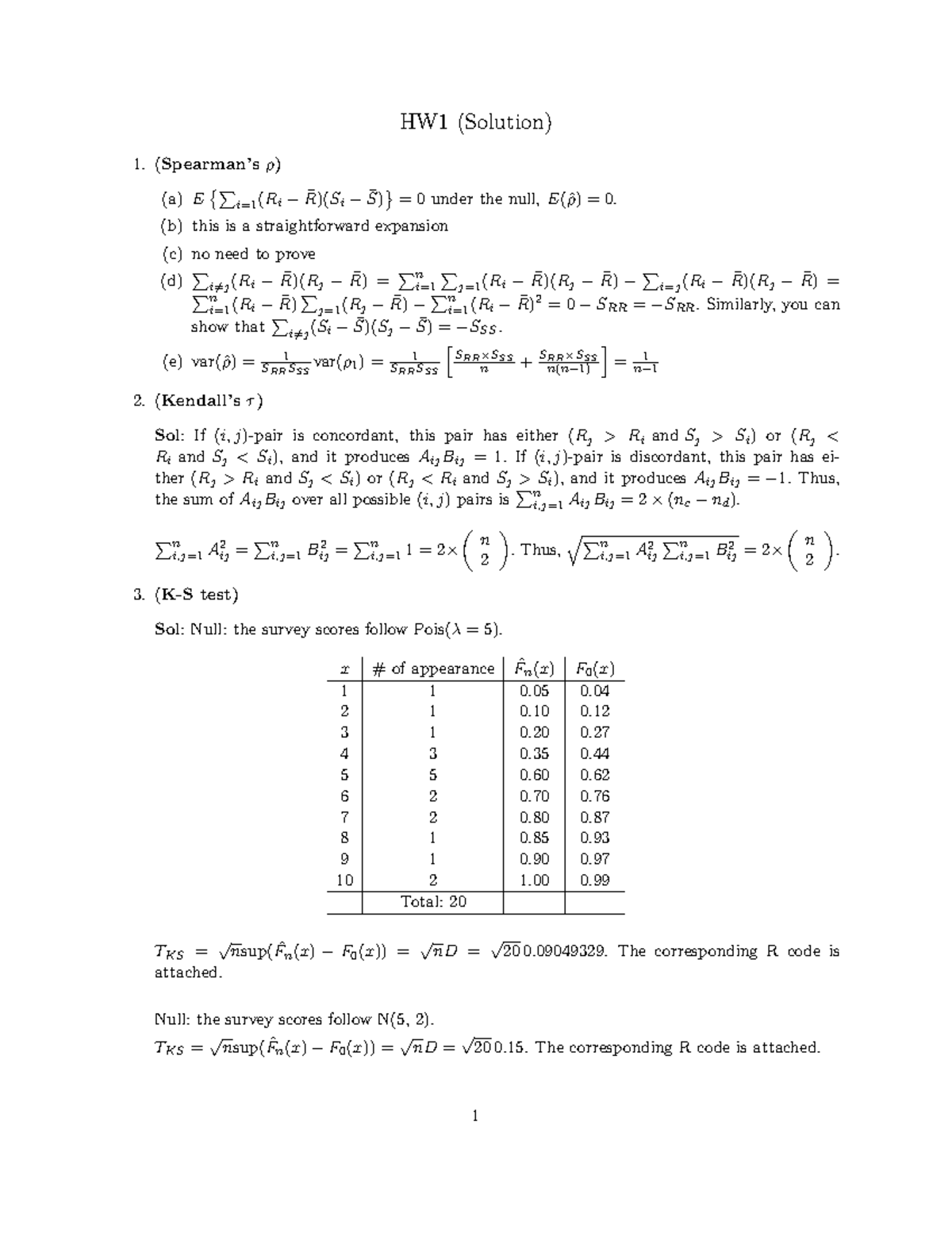 HW1 sol - HW1 Solution - HW1 (Solution) (Spearman’s ρ) (a) E {∑ i= (R i − ̄ R)(S i − ̄ S) } = 0 ...