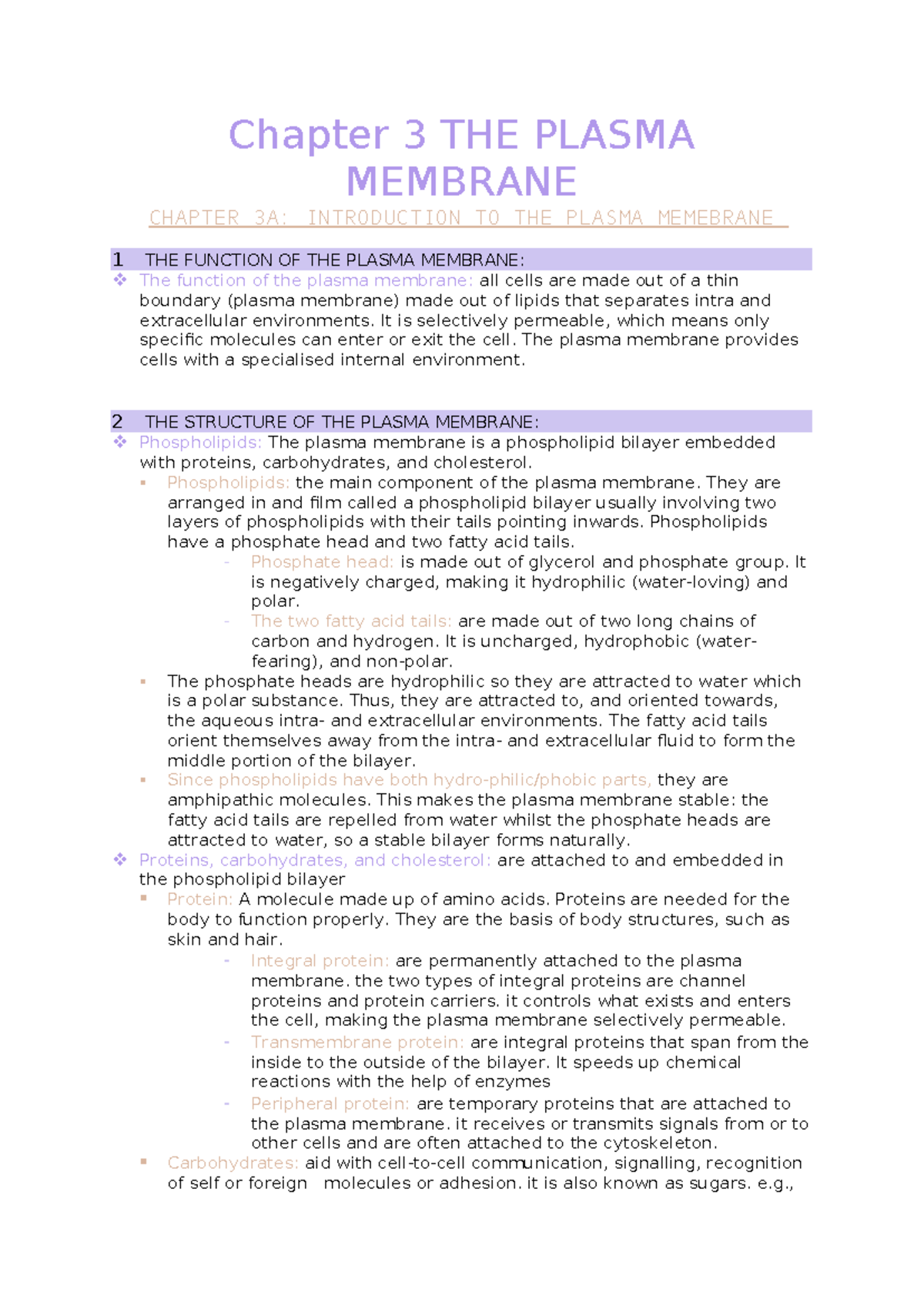 Chapter 3: The Plasma Membrane - Structure, Function & Transport - Studocu
