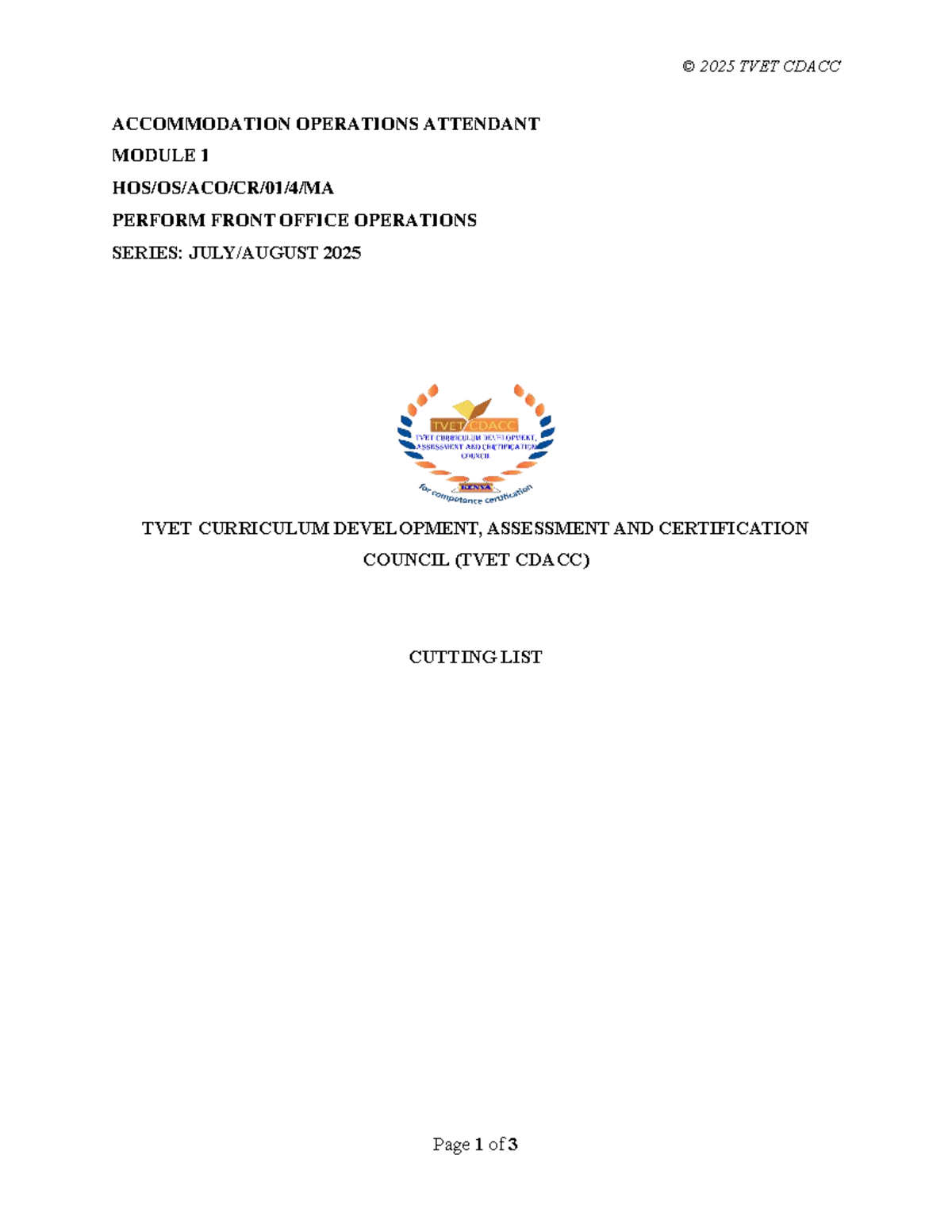 2025 TVET CDACC Module 1: Front Office Operations Checklist - Studocu
