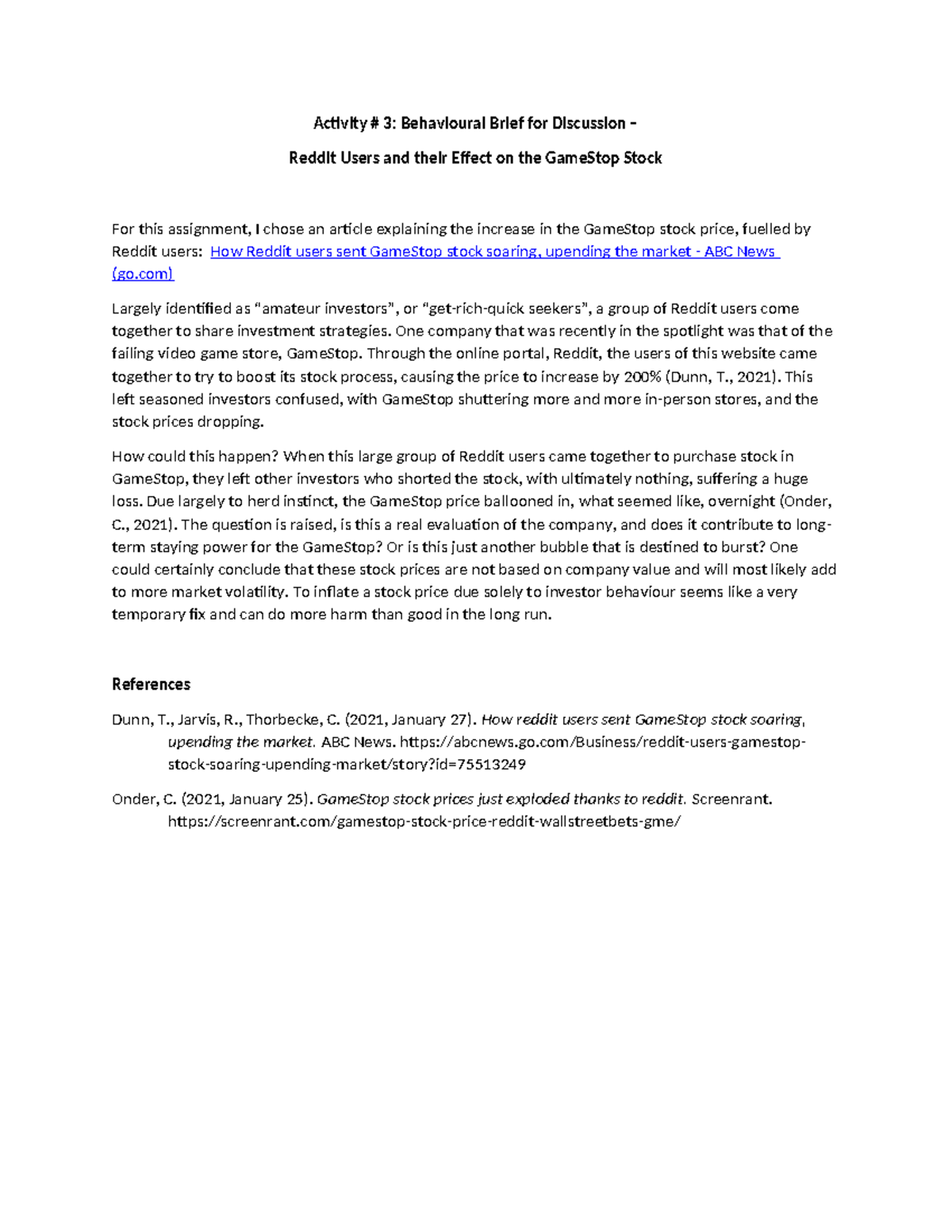 Activity # 3- Behavioural Brief for Discussion - Activity # 3 ...