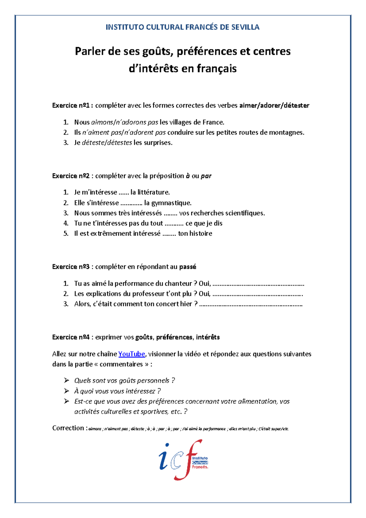 Exercice sur les goûts et intérêts en français - INSTITUTO CULTURAL ...