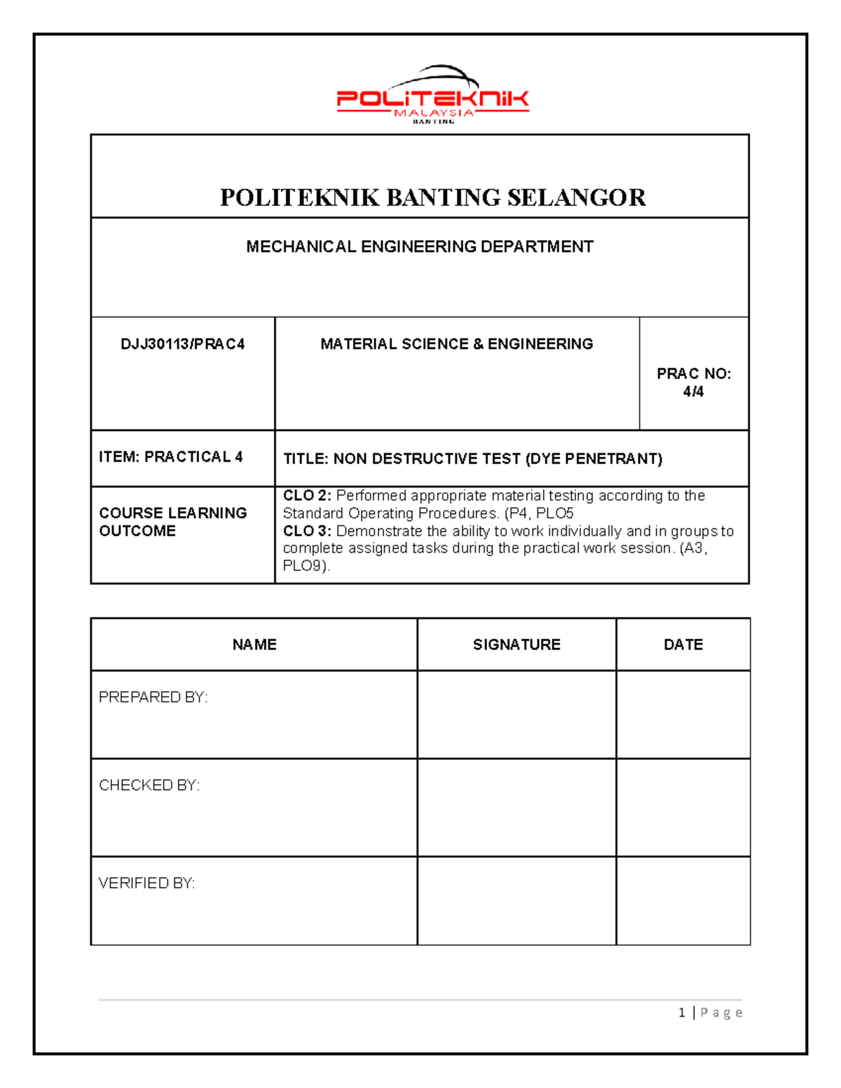DJJ30113 LAB 4: Non-Destructive Testing via Dye Penetrant Method - Studocu