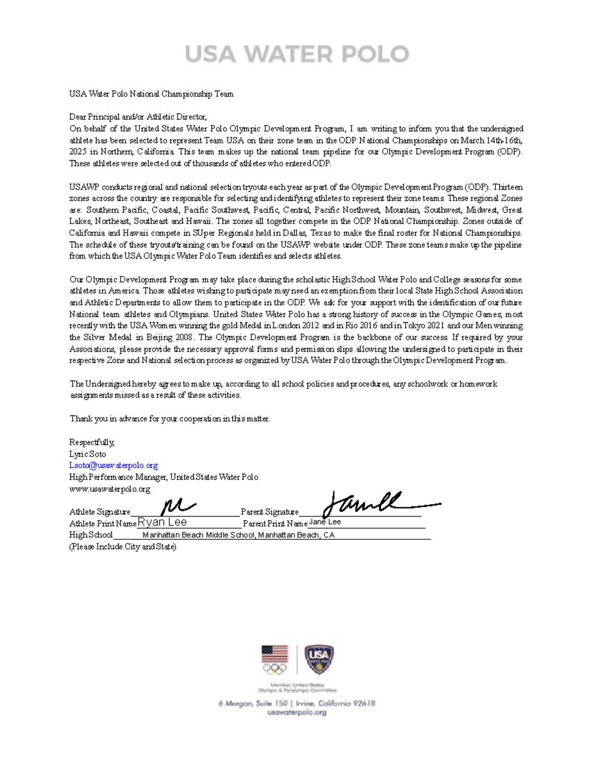 USA Water Polo ODP National Championship Selection Letter - Studocu
