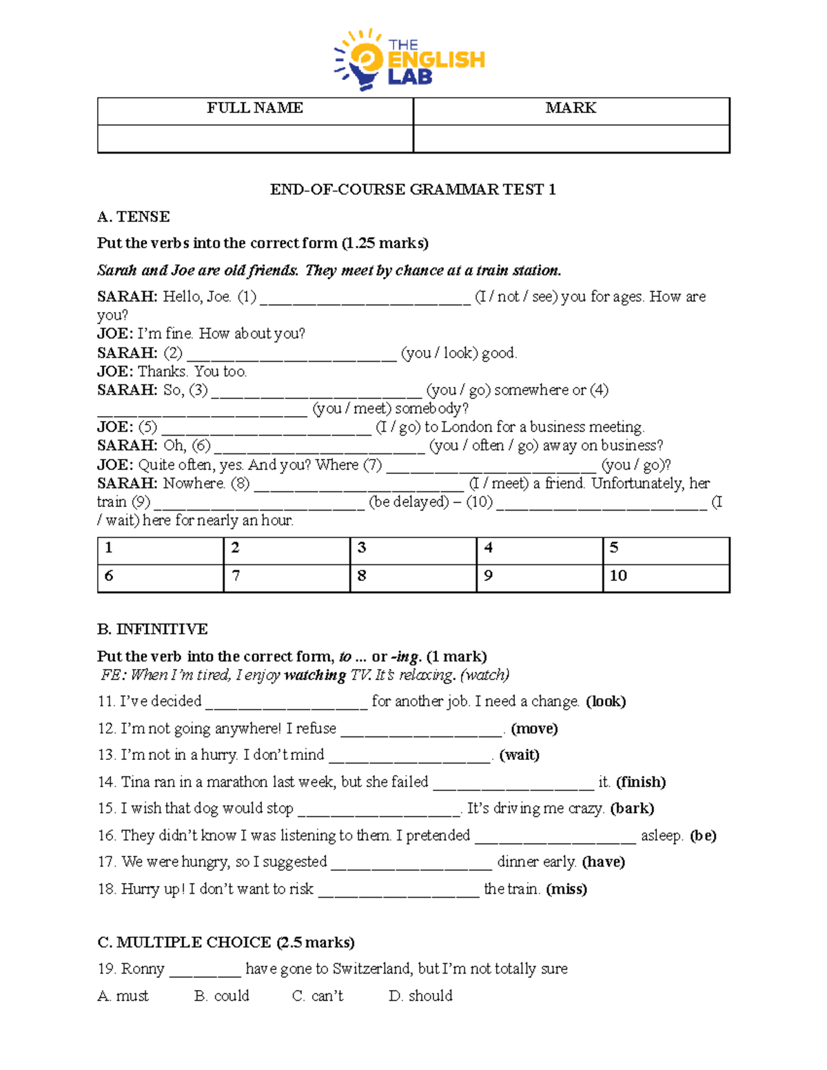 Grammar Test 1A: Tense, Infinitive, and Multiple Choice Exercises - Studocu