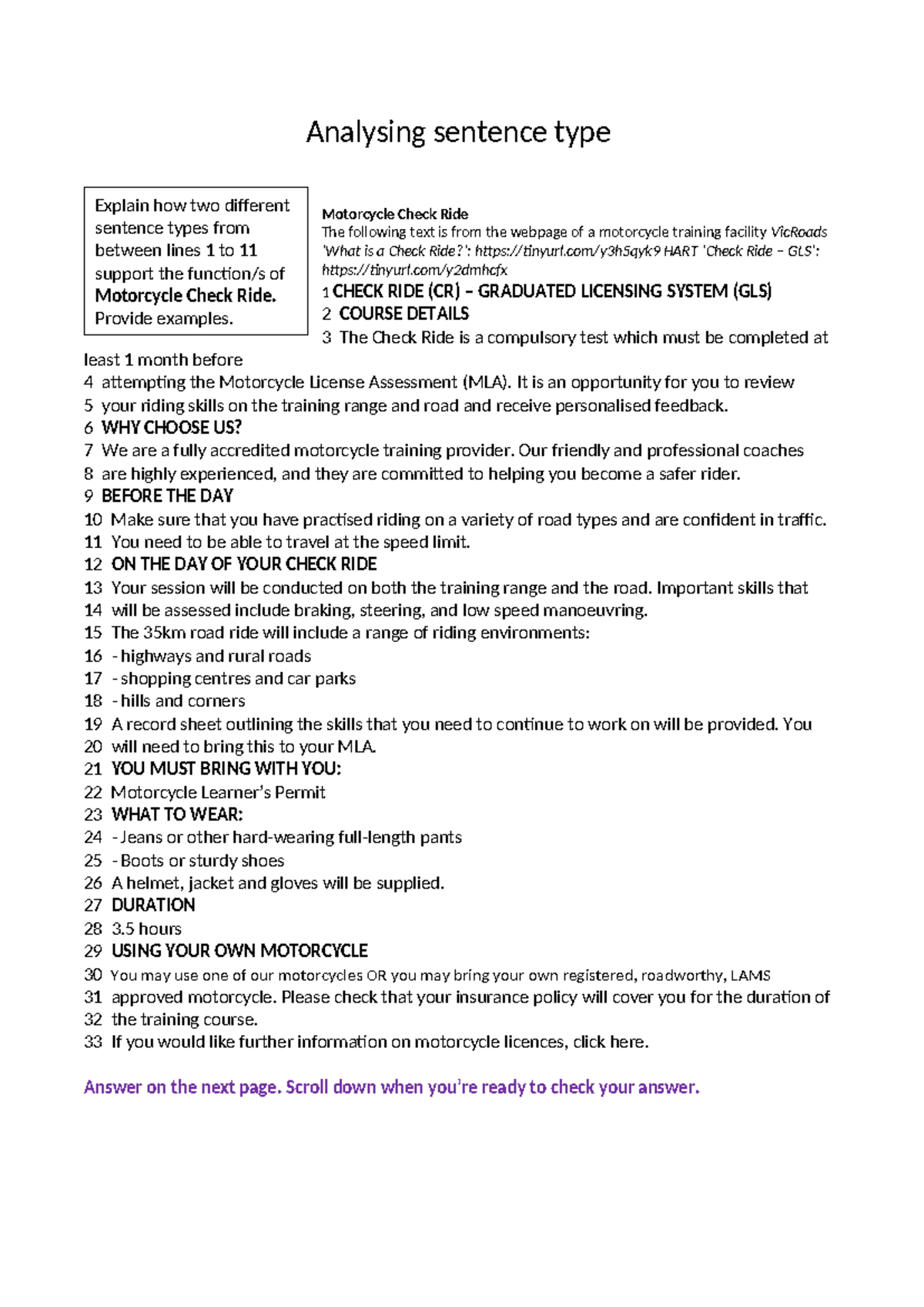 Sentence type analysis - motorcycle ride check - Analysing sentence ...