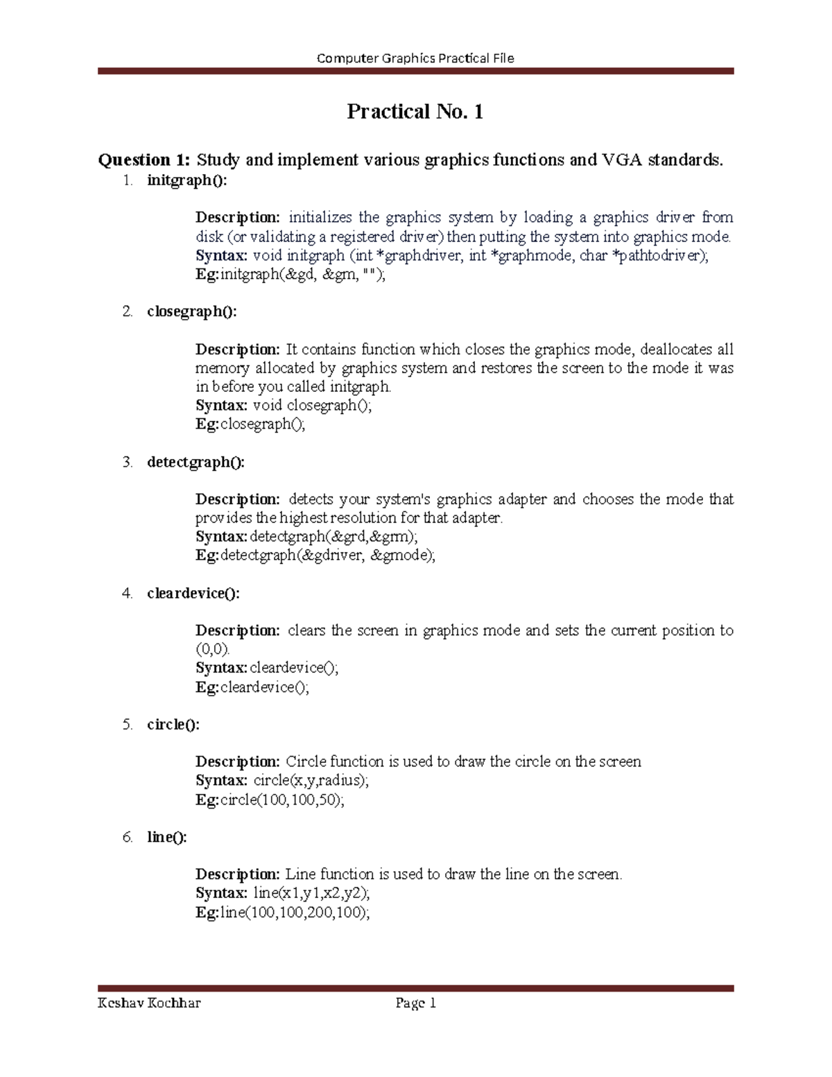 Computer Graphics Practical File BCA: Functions & Implementations - Studocu