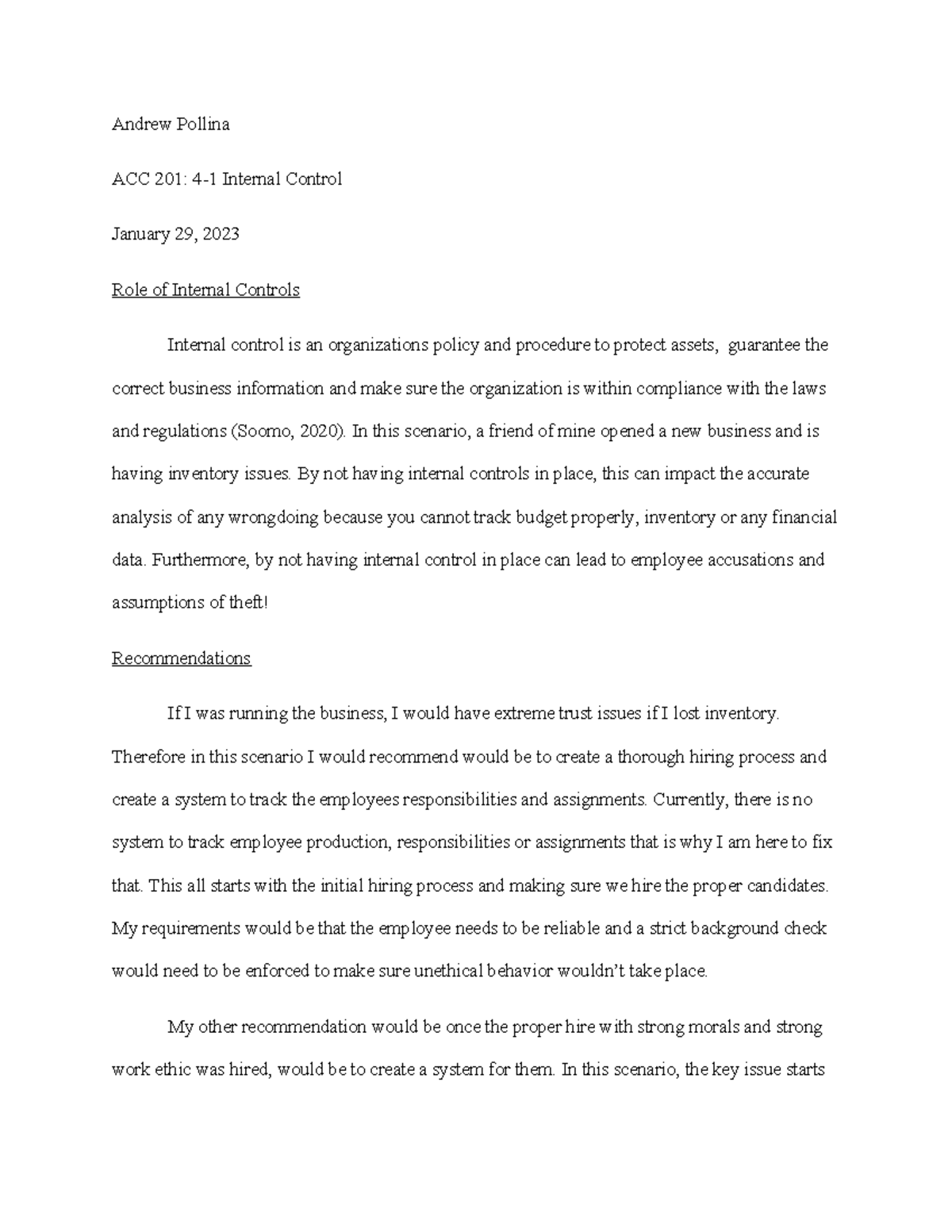 ACC 201: Module 4 Assignment on Internal Control Recommendations - Studocu