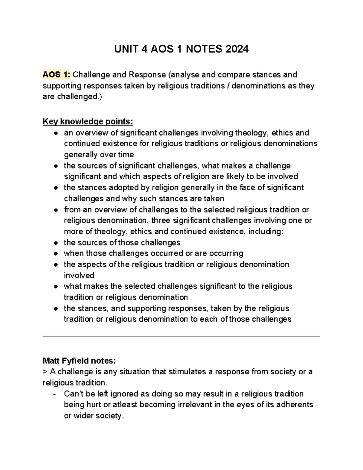 RAS 4.1 Notes - UNIT 4 AOS 1 NOTES 2024 AOS 1: Challenge and Response ...
