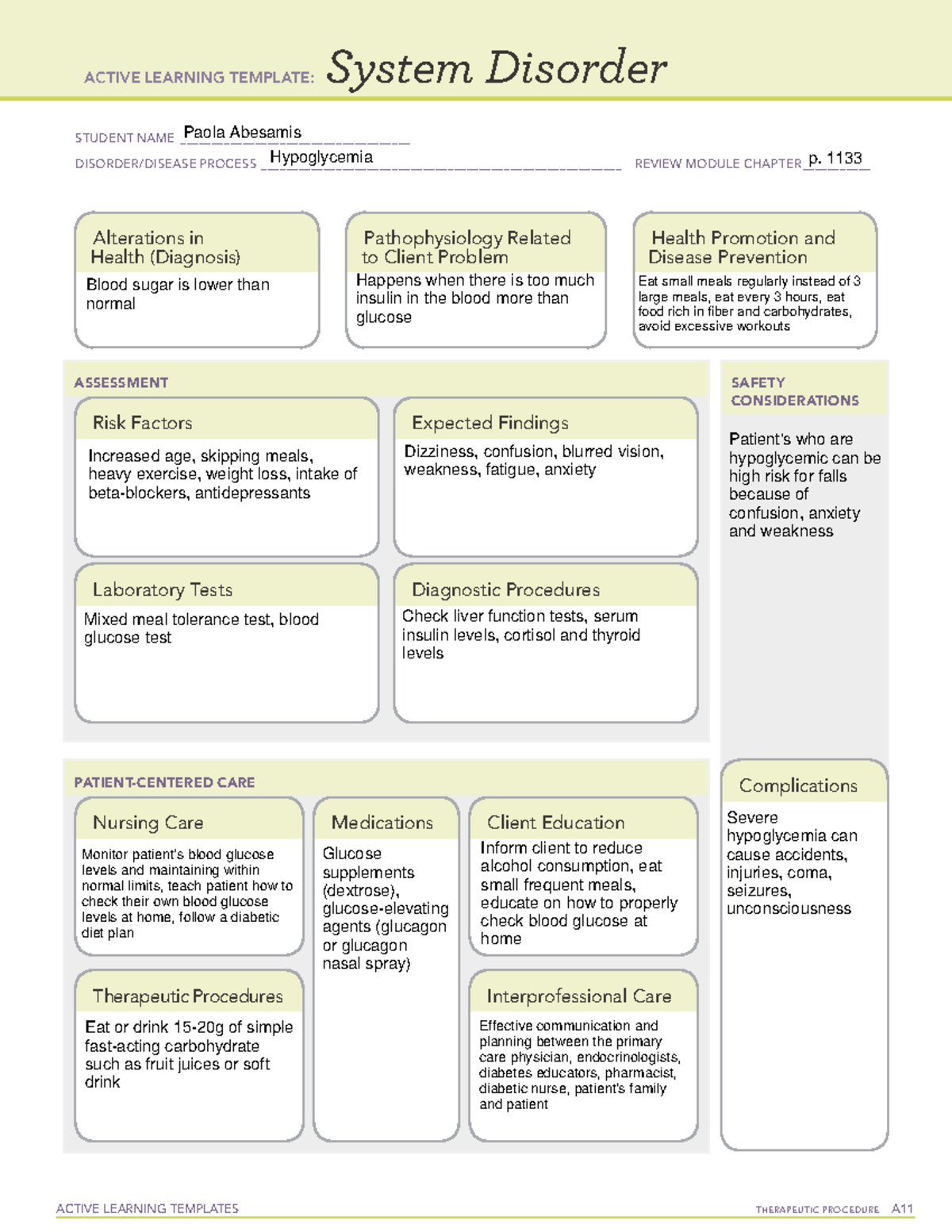 System Disorder Analysis: Hypoglycemia Active Learning Template - Studocu