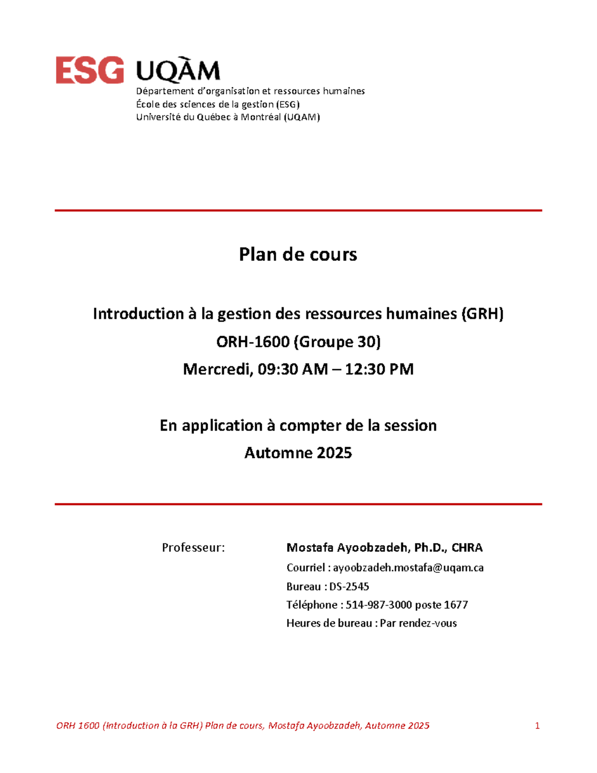 Plan de cours ORH 1600 - Introduction à la gestion des ressources humaines - Studocu