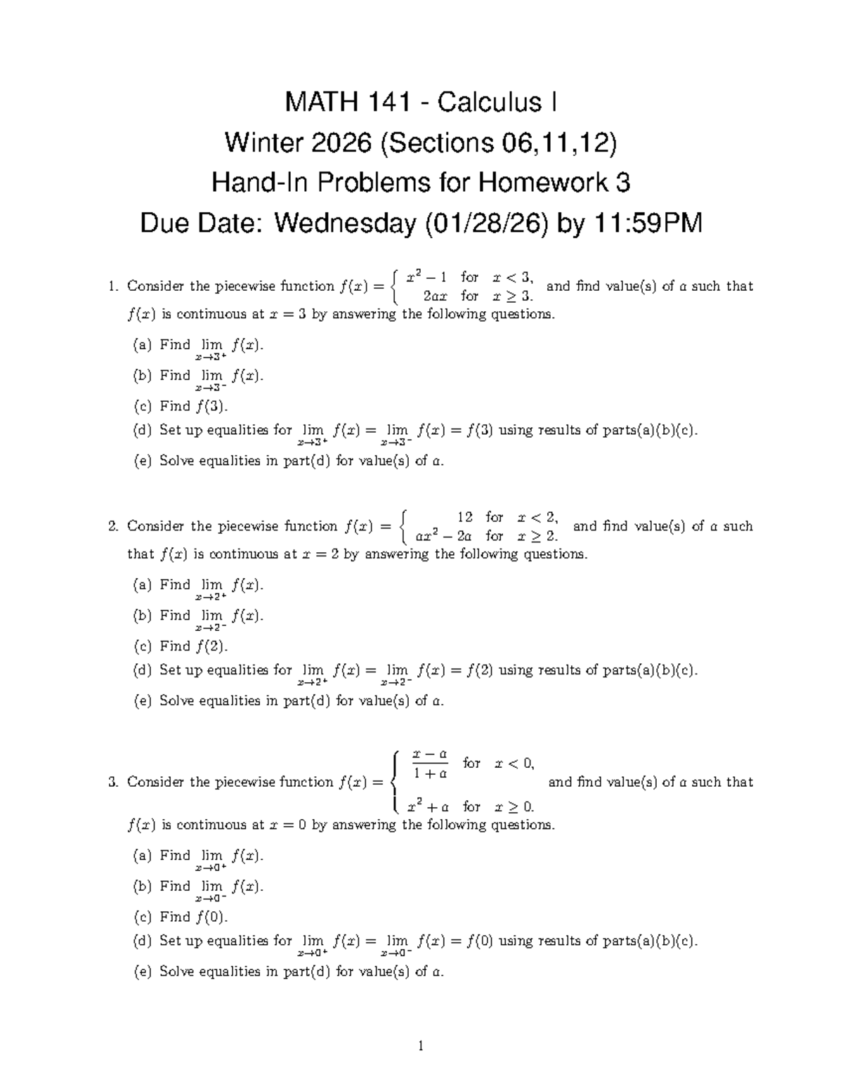 MATH 141 - Calculus I: Homework 3 Problems - Studocu