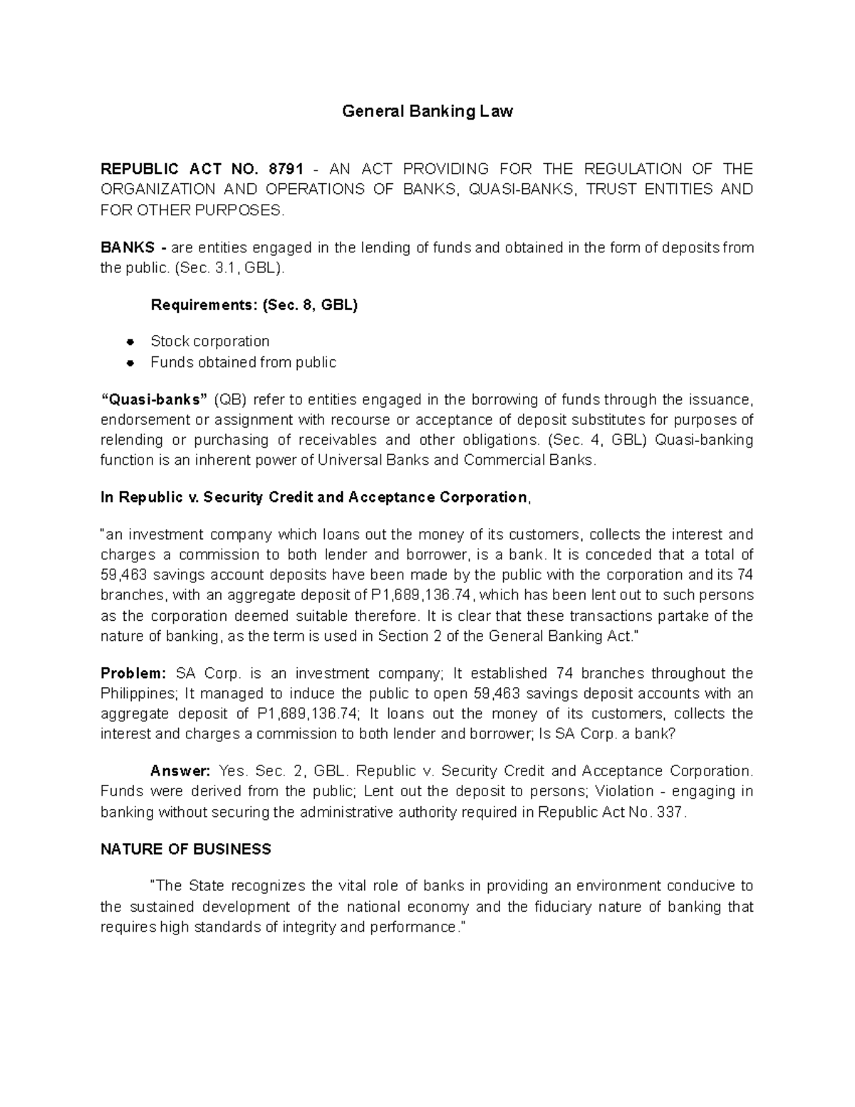 General Banking Law Notes (RA 8791) - Key Provisions & Functions - Studocu