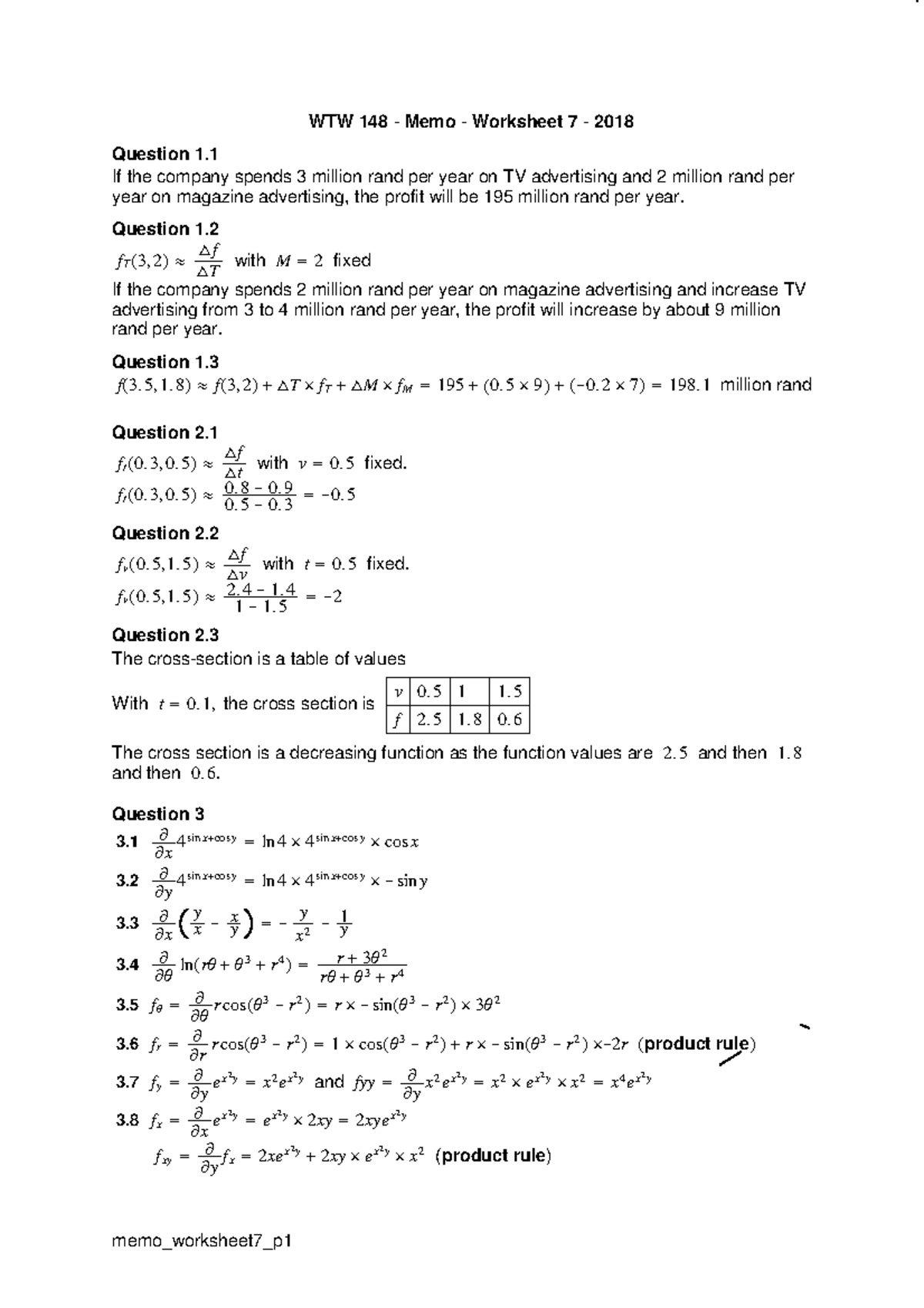 Memo worksheet 7 - tutorial 7 - WTW 148 - Memo - Worksheet 7 - 2018 Question 1. 1 If the company ...