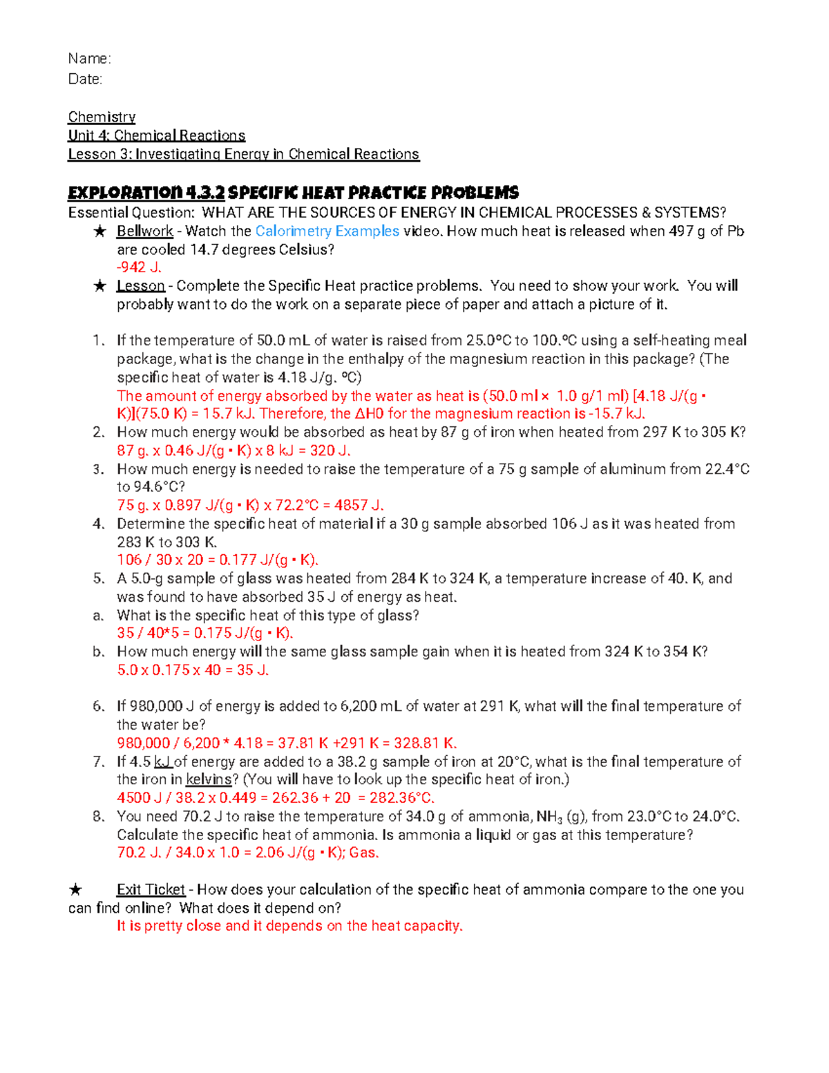Chemistry Unit 4 Lesson 3 Specific Heat Practice Problems - Studocu
