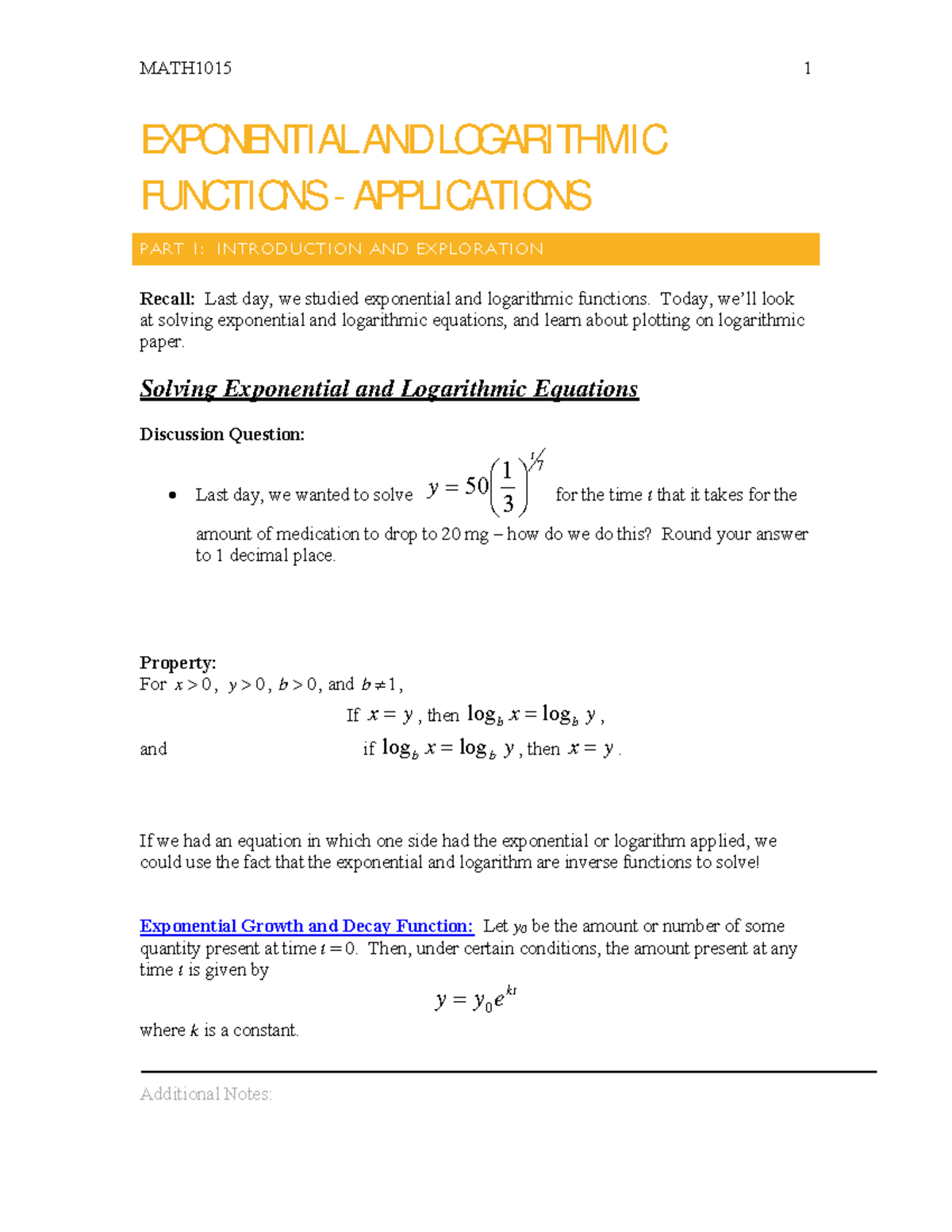 MATH1015 Lecture 10: Exponential & Logarithmic Functions Exploration - Studocu
