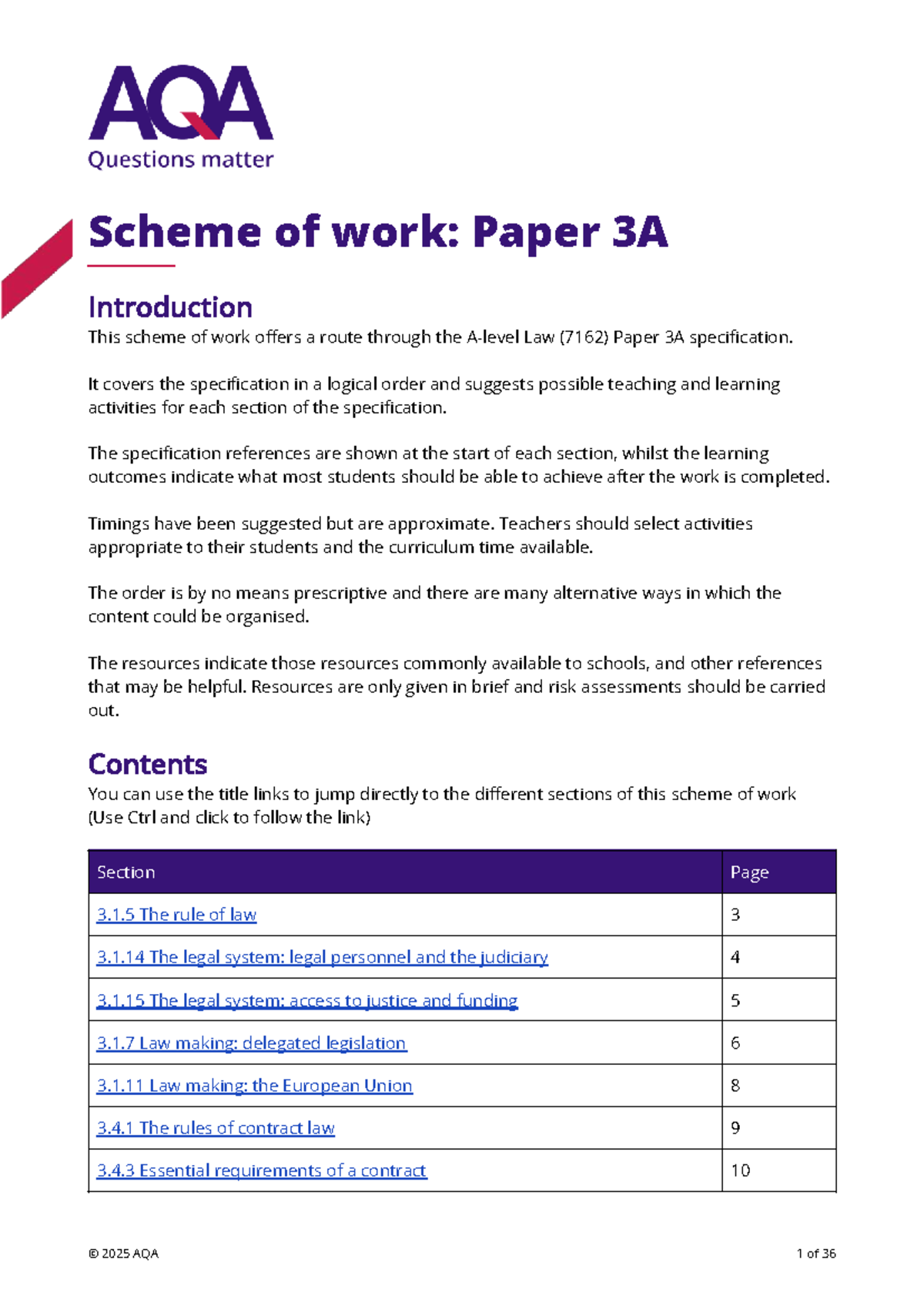 AQA 7162 Paper 3A Law Scheme of Work Overview and Activities - Studocu
