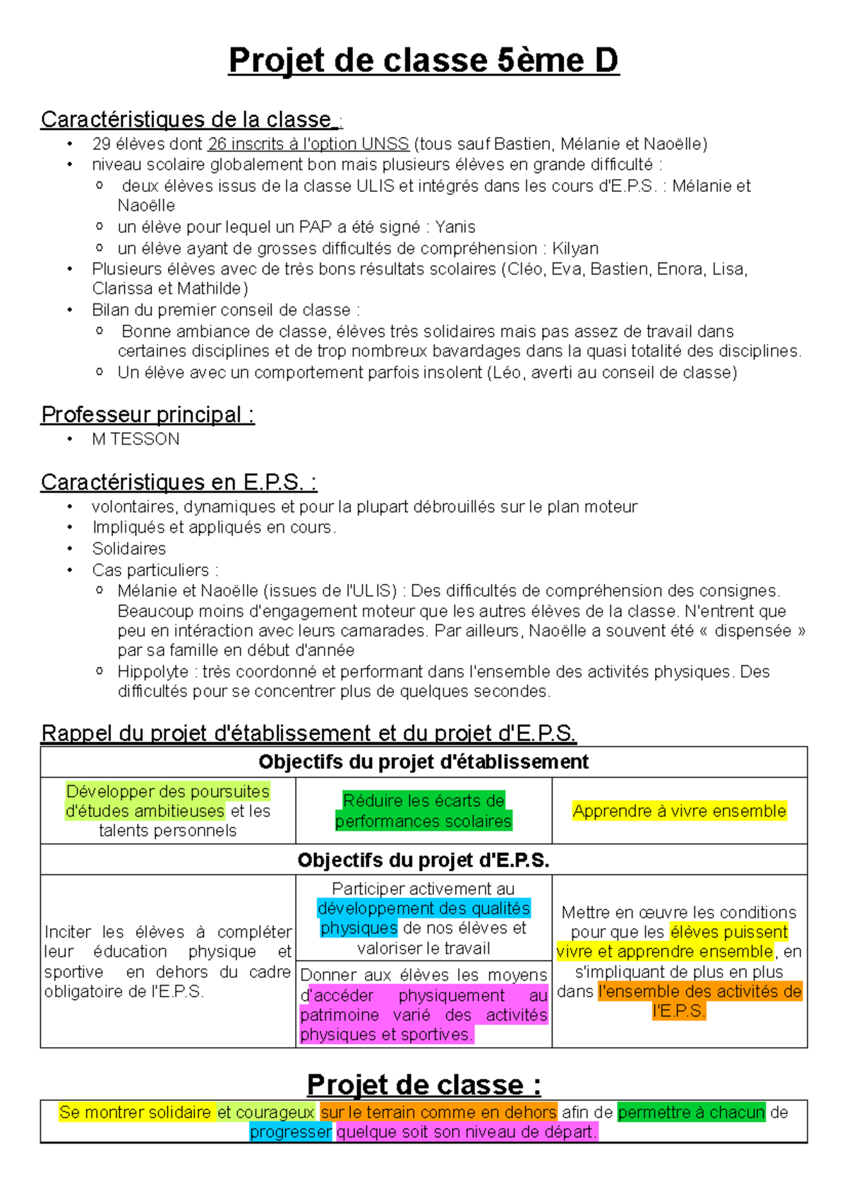 Projet de Classe 5ème D : Bilan et Objectifs E.P.S. - Studocu