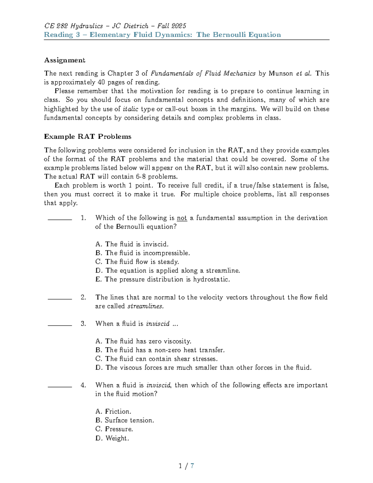 CE 282 Hydraulics – Final Exam Review on Bernoulli's Equation - Studocu