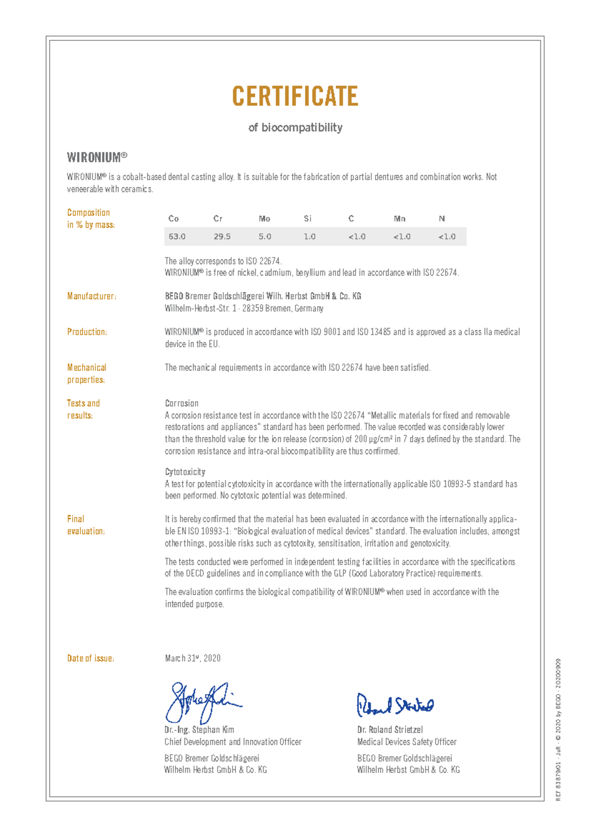 CERTIFICATE of Biocompatibility for Wironium 280 Dental Alloy - Studocu