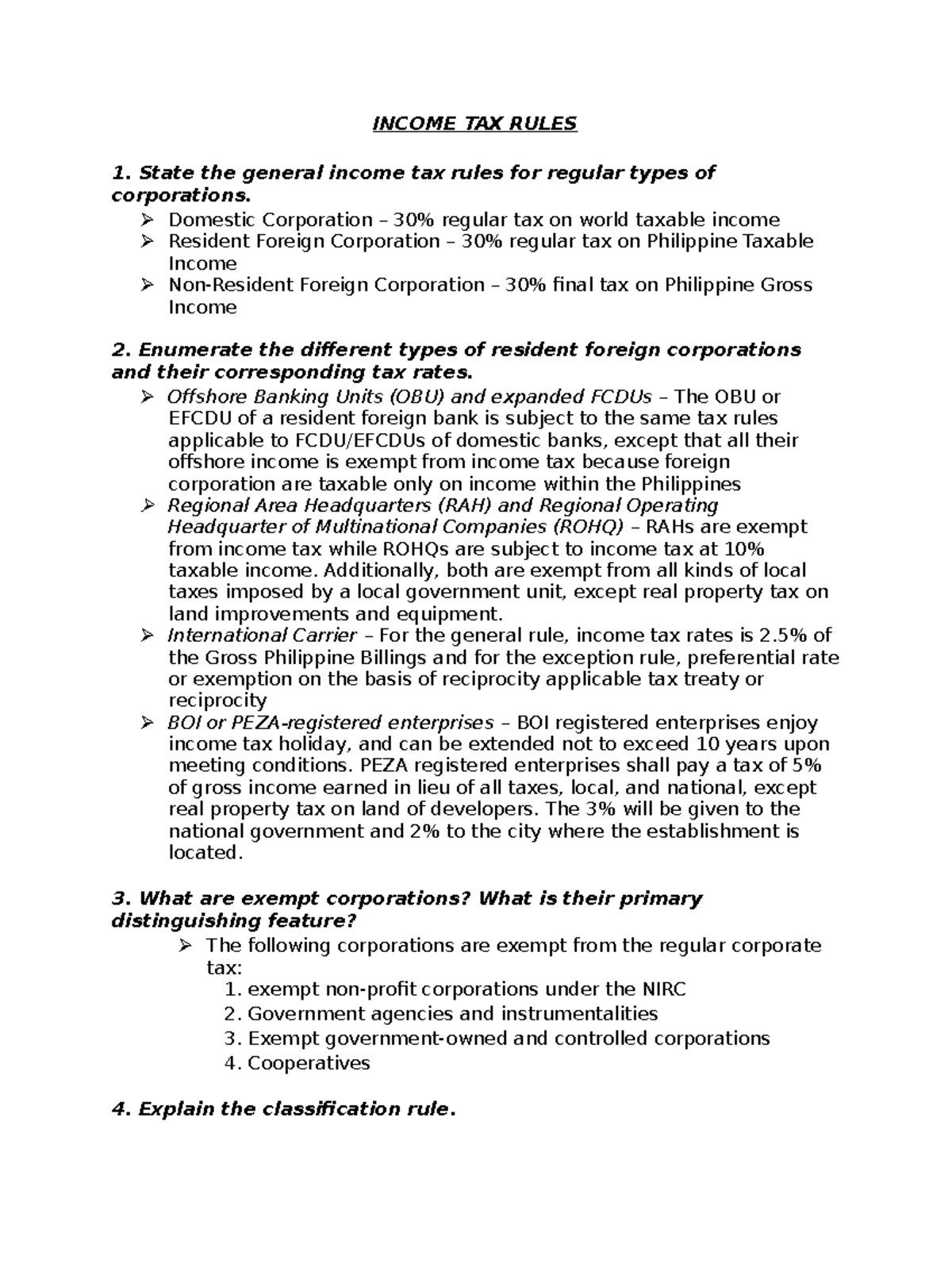 ITR - Income Tax Rules and Regulations for Corporations - Studocu