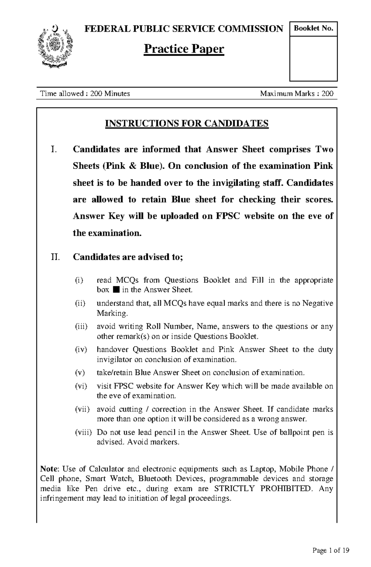 CSS MPT Practice Paper by FPSC: Comprehensive Guide - Studocu