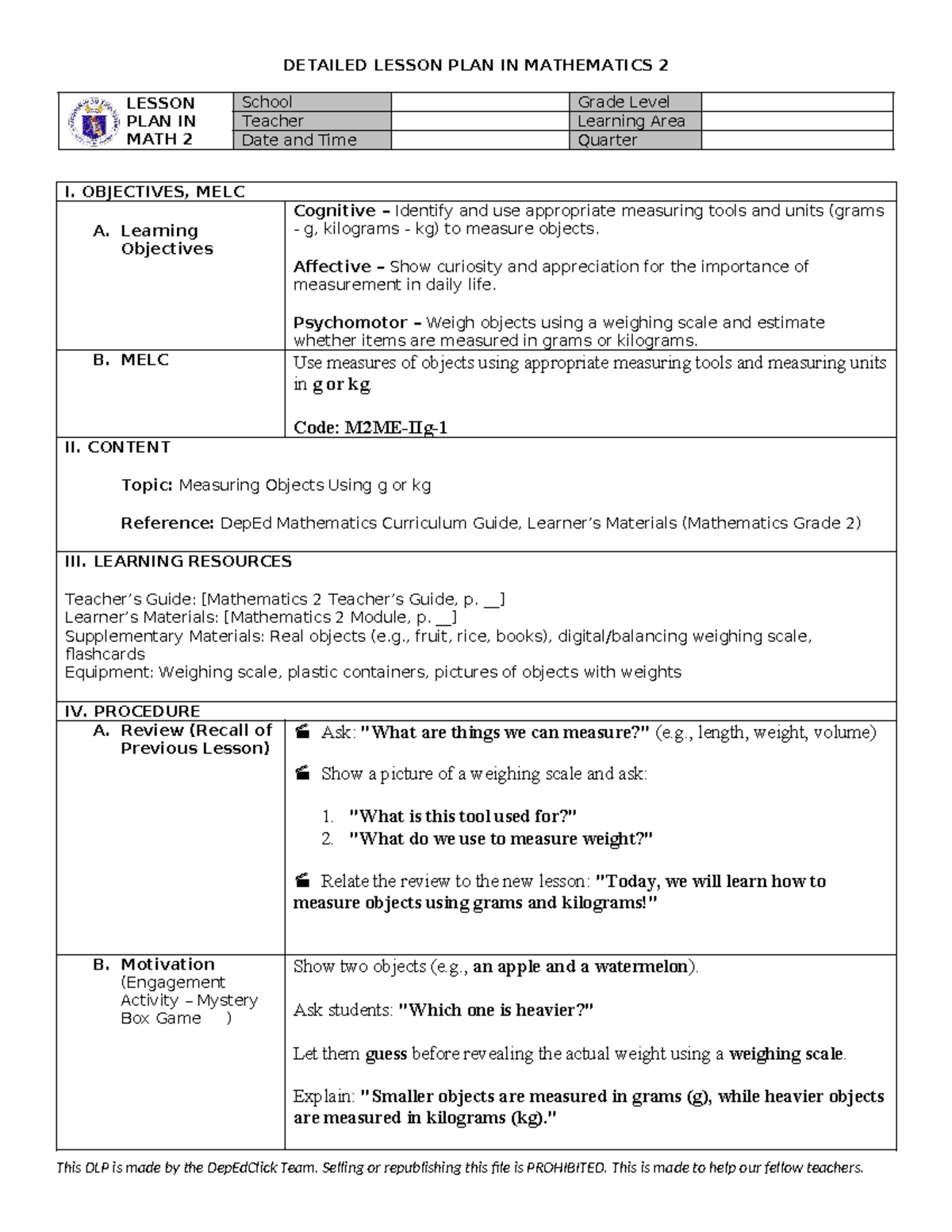 DLP-MATH 3 - Detailed Lesson Plan for Measuring in MATH 2 - Studocu